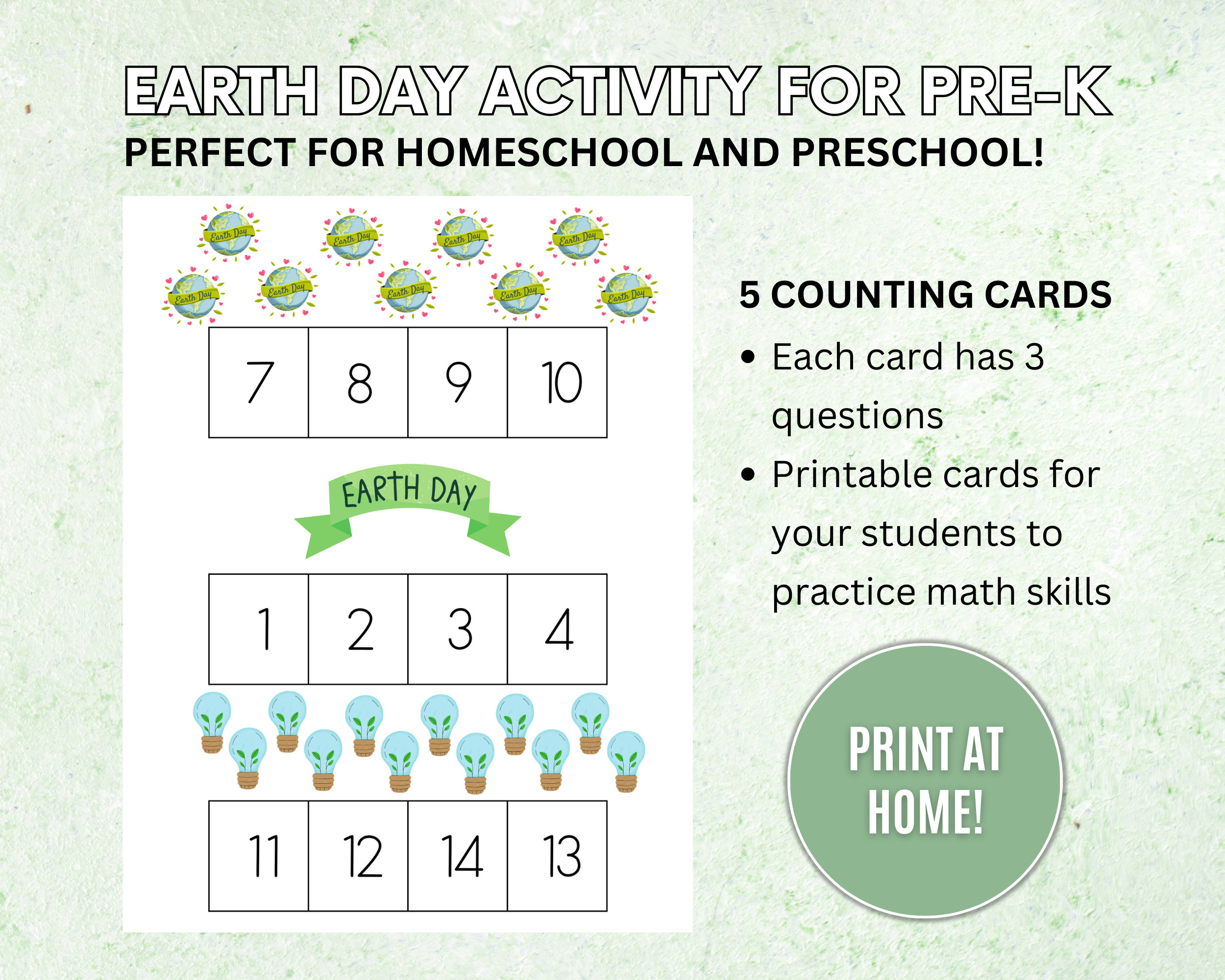 Earth Day Counting Cards for Kids | Preschool & Kindergarten Counting ...