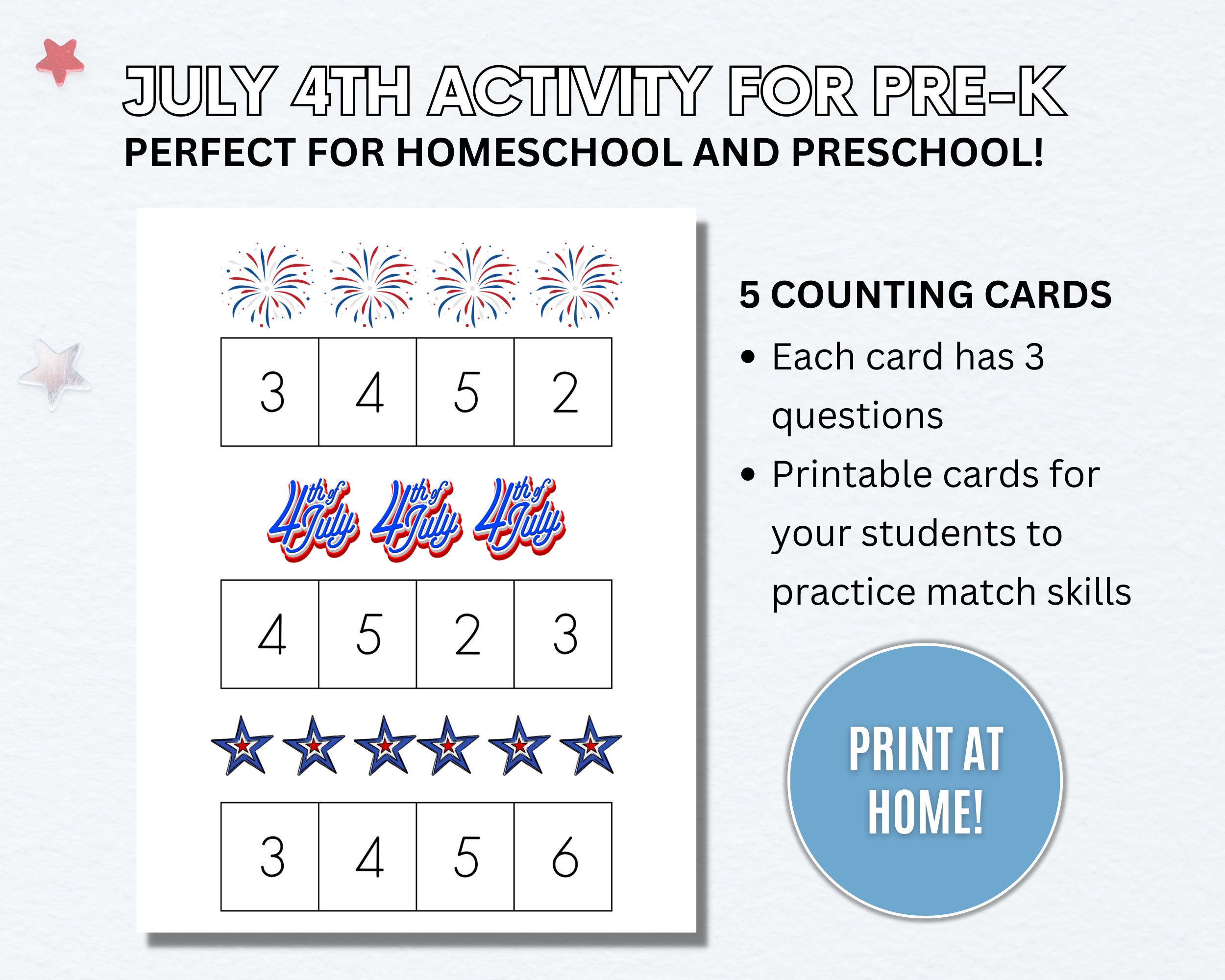 July 4th Counting Cards for Kids | Counting Activity for Kids | July ...