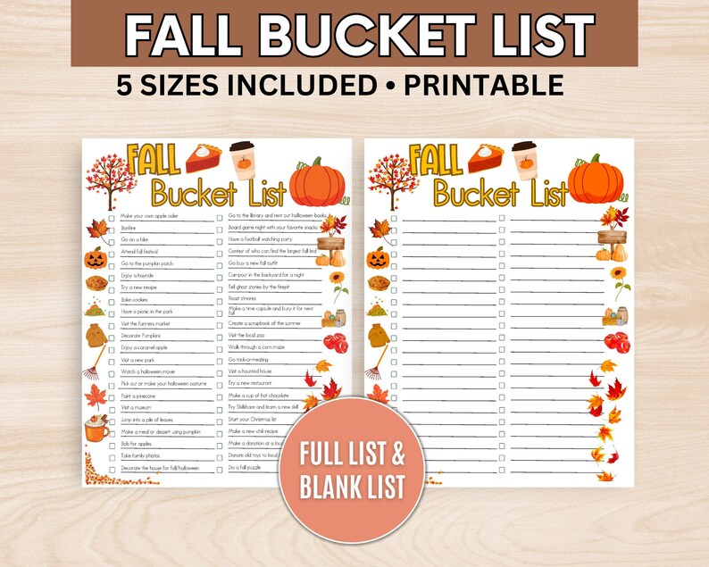 Fall Bucket List | 2 Options Included 1 Filled Bucket List and 1 ...