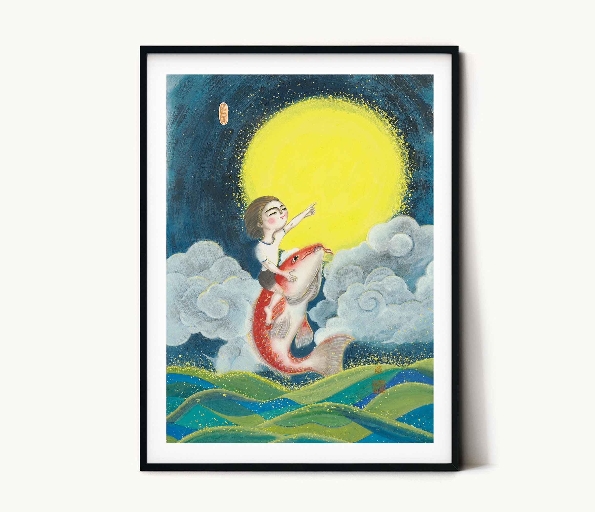 ART PRINT, Boy and Koi Fish Print, Chinese Ink Print, Ocean Print, Kid ...