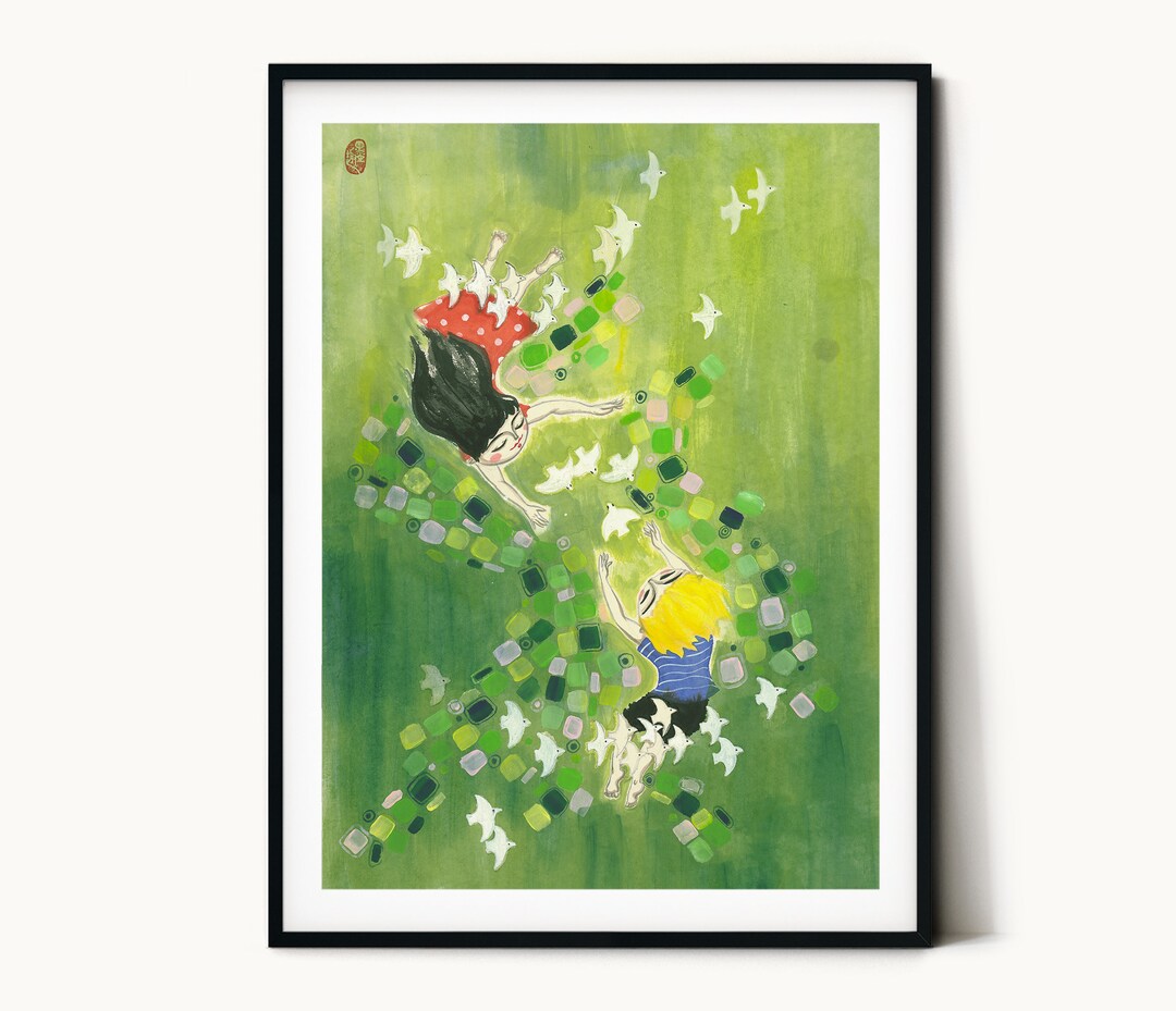 Spring and Kids ART PRINT, Kids in Spring Painting, Green Painting ...