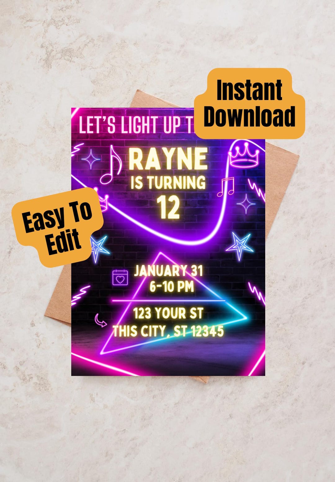 Editable Neon Birthday Invite | Neon Birthday Theme Ideas | Colorful ...