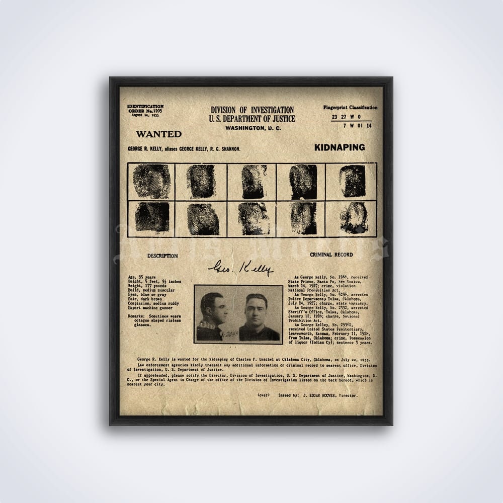 Machine Gun Kelly Vintage FBI Wanted Poster, Fingerprints - Gangster ...