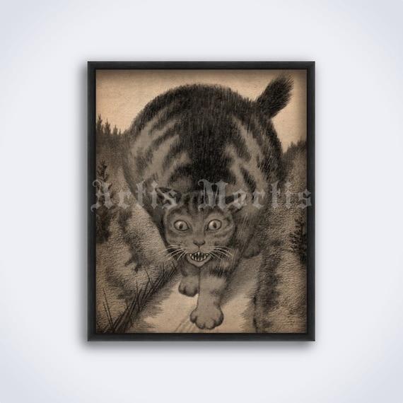 Giant scary cat monster illustration Theodor Kittelsen art | Etsy
