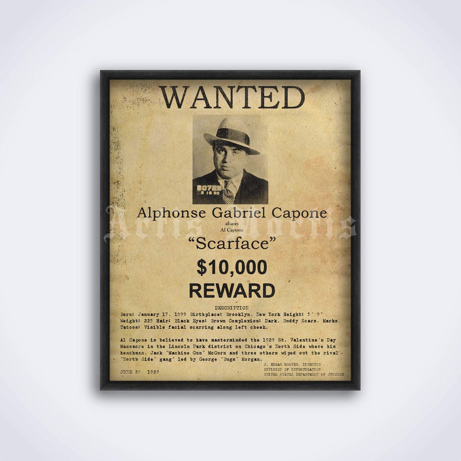Al Capone Scarface Vintage Wanted Poster, Gangster, Mafia Boss, Crime ...