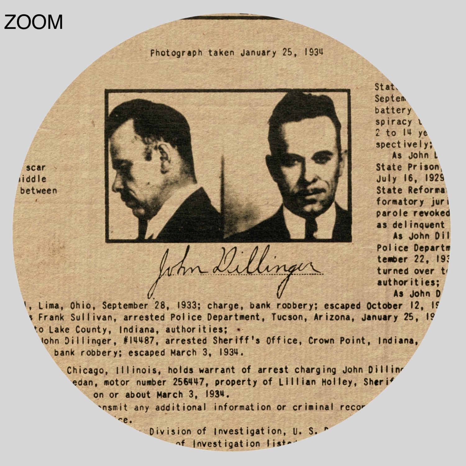 John Dillinger Fingerprints Criminal Record Wanted Poster - Etsy Canada