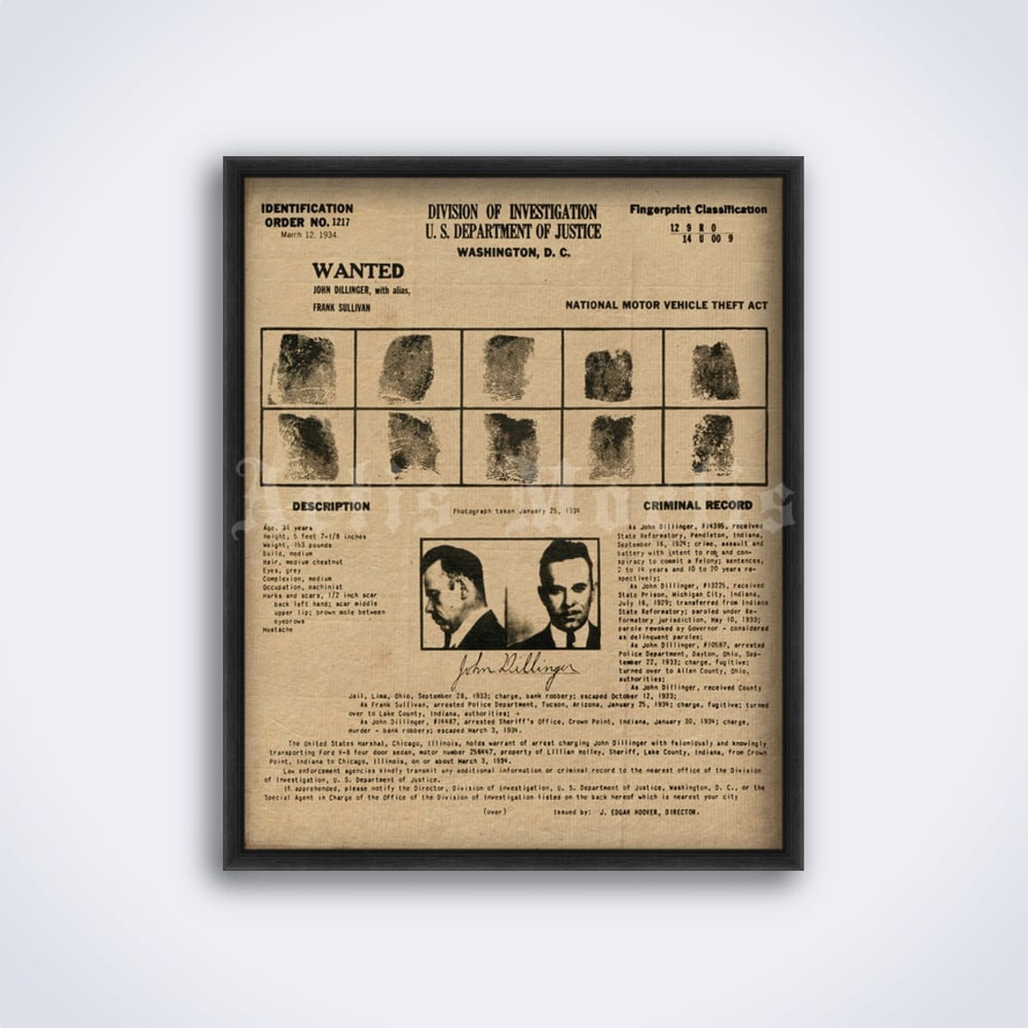 John Dillinger Fingerprints Criminal Record Wanted Poster - Etsy Canada