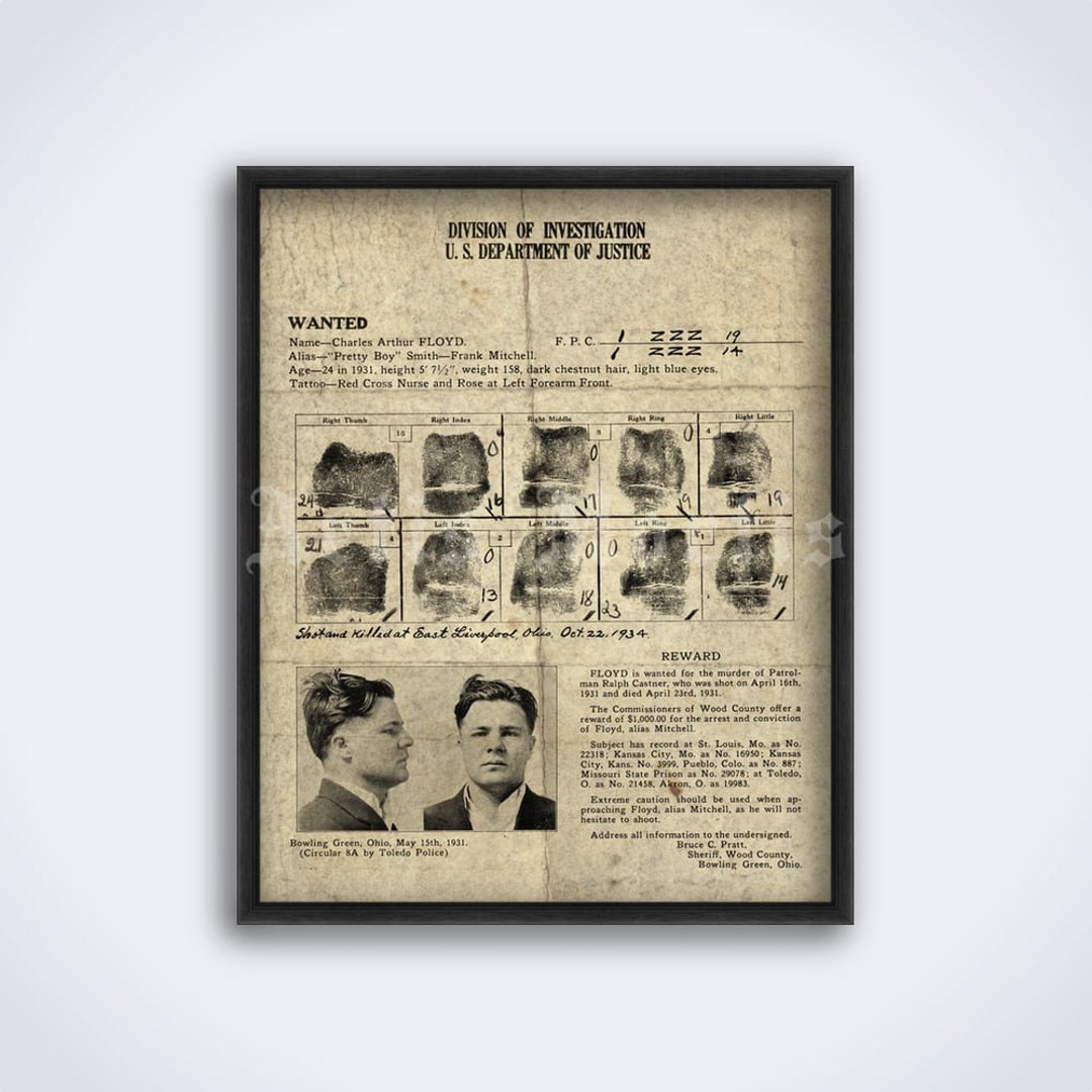 Charles Arthur Pretty Boy Floyd Wanted Poster With Fingerprints ...