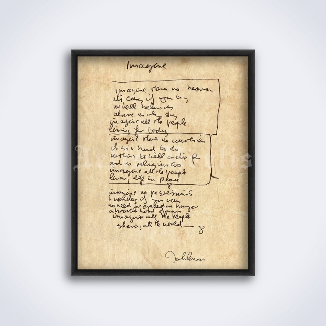 John Lennon Imagine Song Handwritten Lyrics Poster, Rock Music Art ...