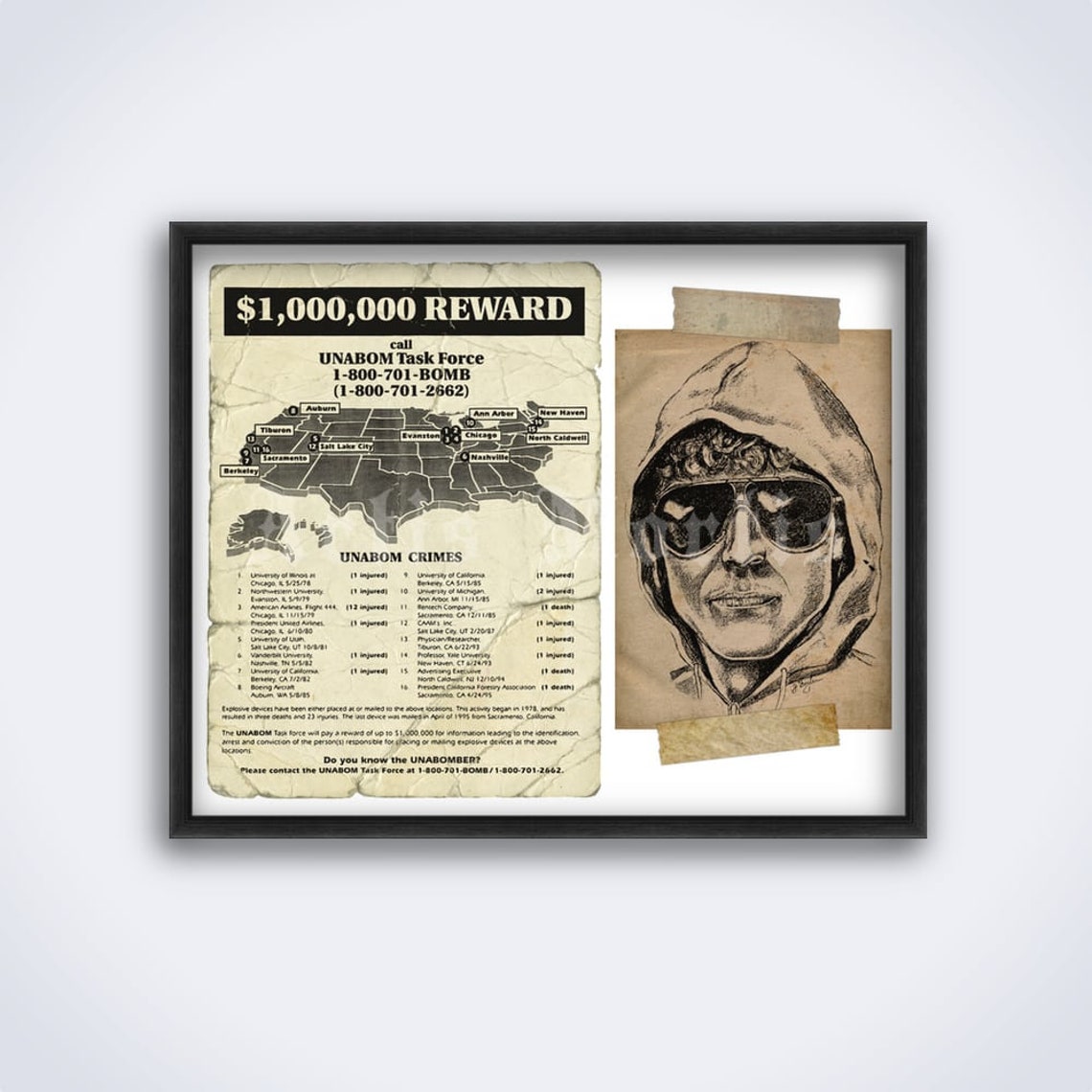 Unabomber Theodore John Kaczynski wanted poster and composite | Etsy