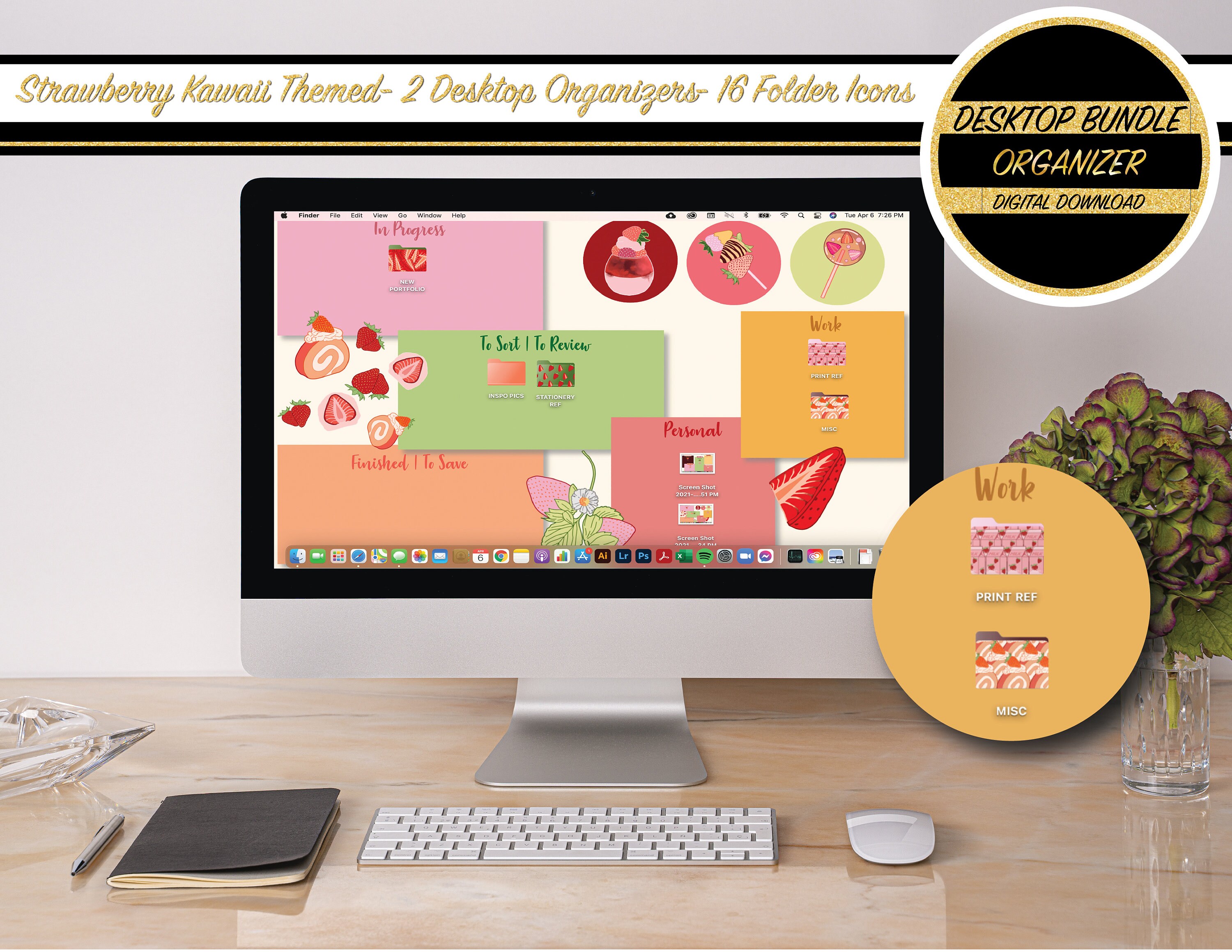 STRAWBERRY DESKTOP WALLPAPER Organizer- Folder Themed Icons- Kawaii ...