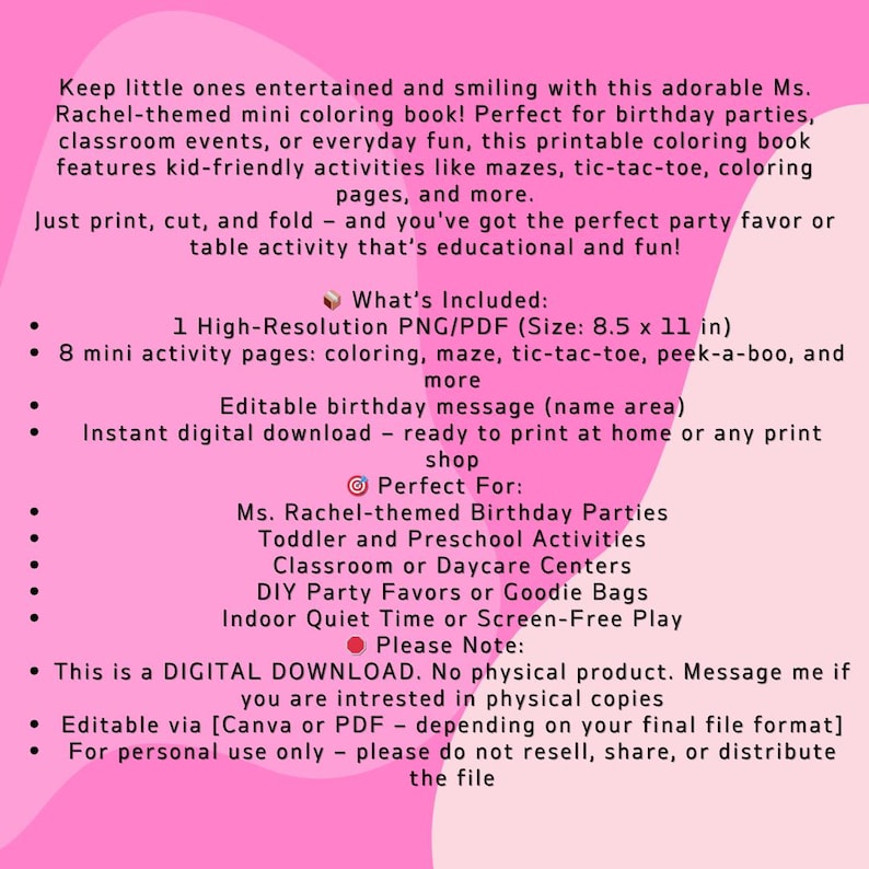 Editable Mini Ms. Rachel Coloring Book – Fun Party Activity Printable ...