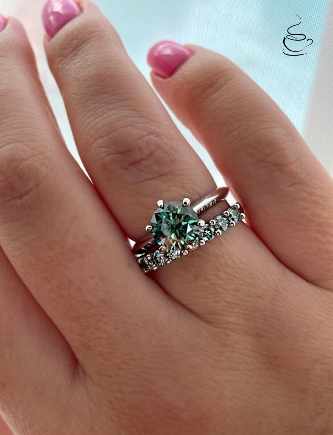 Green Moissanite Ring Set in Sterling Silver 925, Engagement Moissanite ...