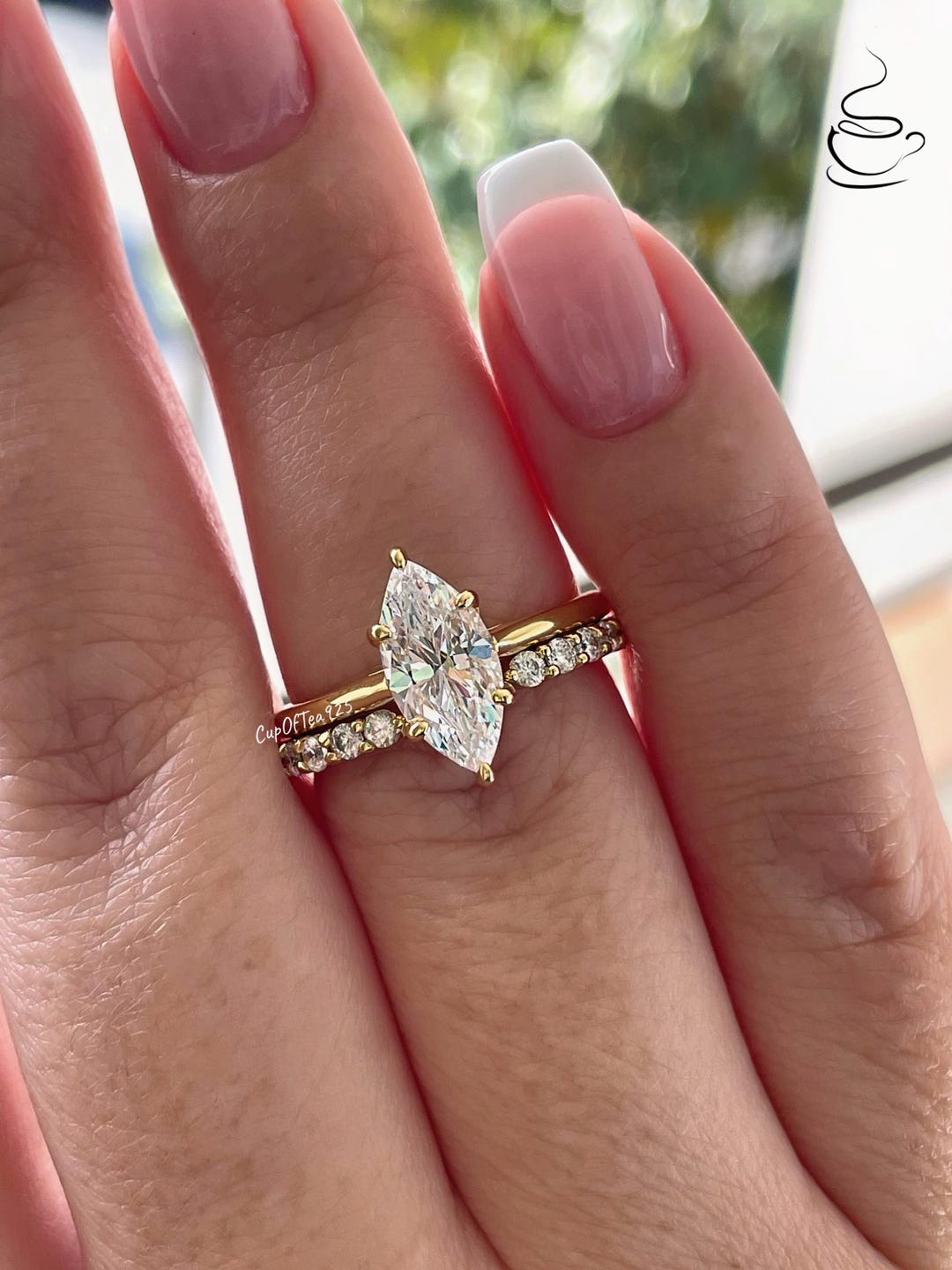 Moissanite Marquise Cut Engagement Ring Set in Gold Vermeil, Sterling ...