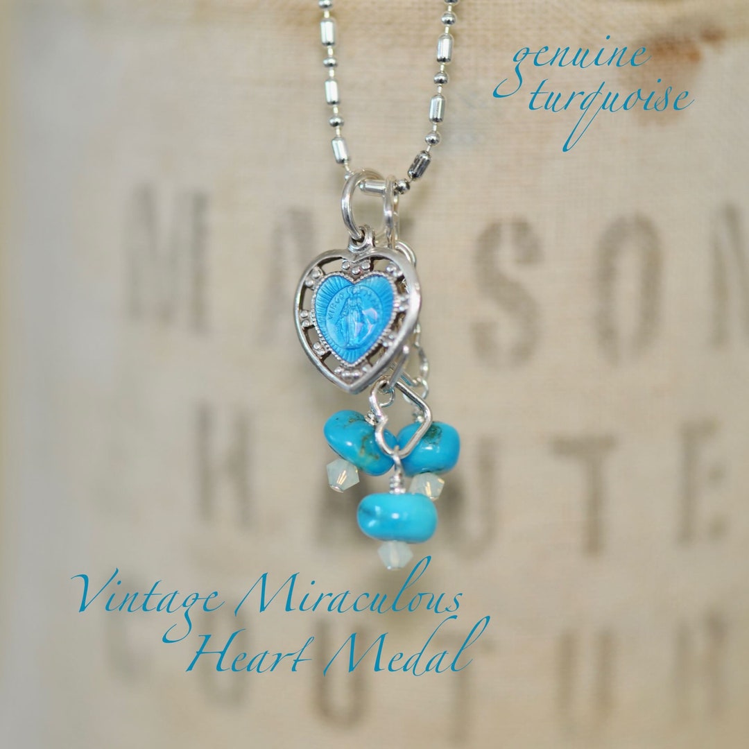 Vintage Enamel Mother Mary Heart Miraculous Medal With Sleeping Beauty Turquoise, One of a Kind ...