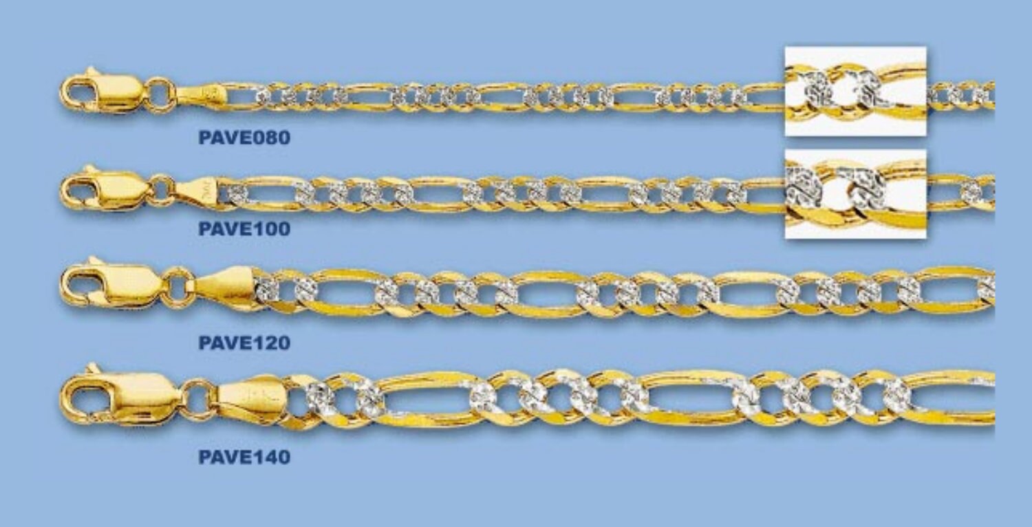 Solid Figaro in 14K Yellow Gold Chain White Pave Chain - Etsy