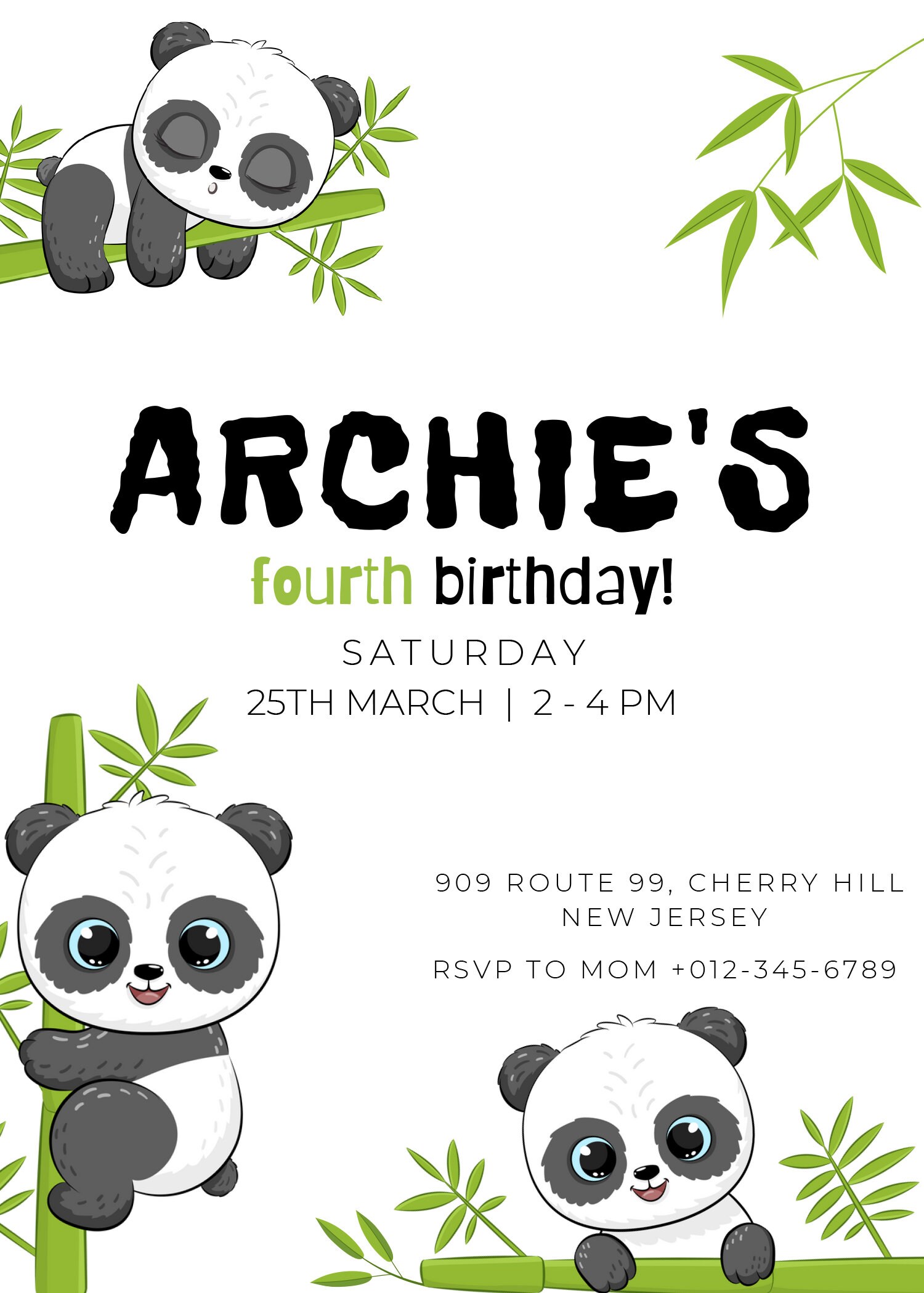 Editable Panda Birthday Party Invite, Panda Birthday Invitation, Pandas ...