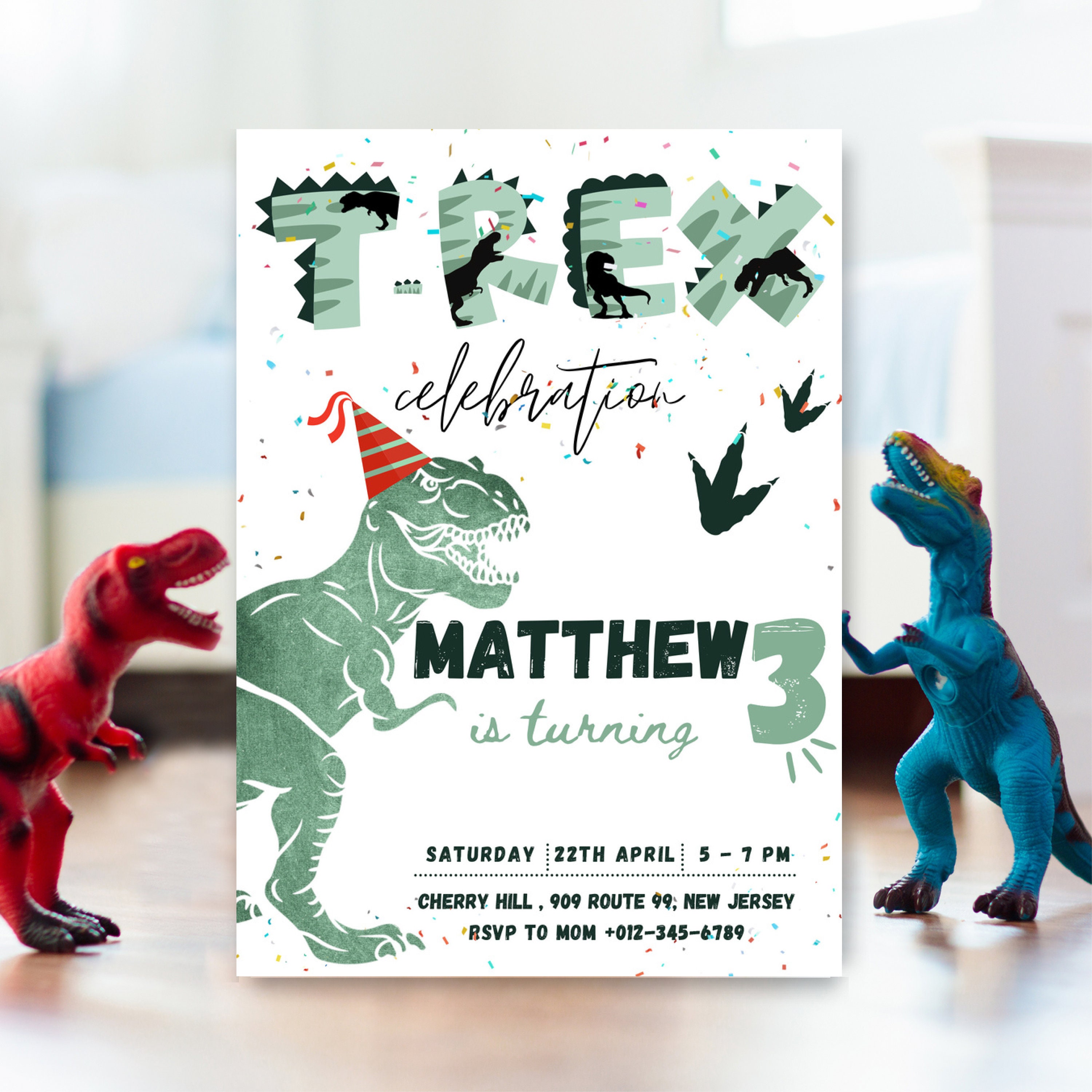 Editable Three Rex Birthday Invitation, Dinosaur Birthday Digital ...