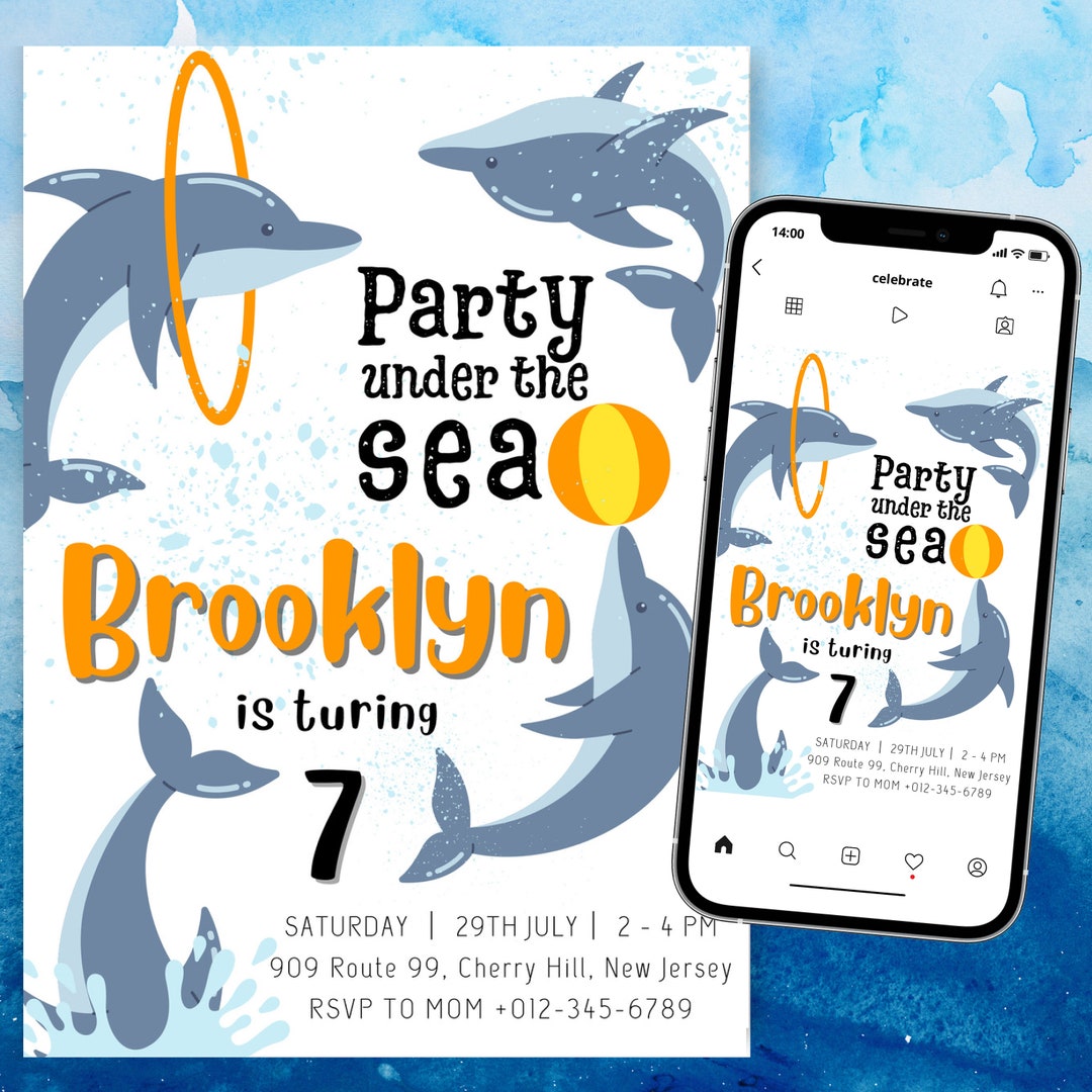 Dolphin Party Invitation, Aqua Friends Birthday Invitation, Editable ...