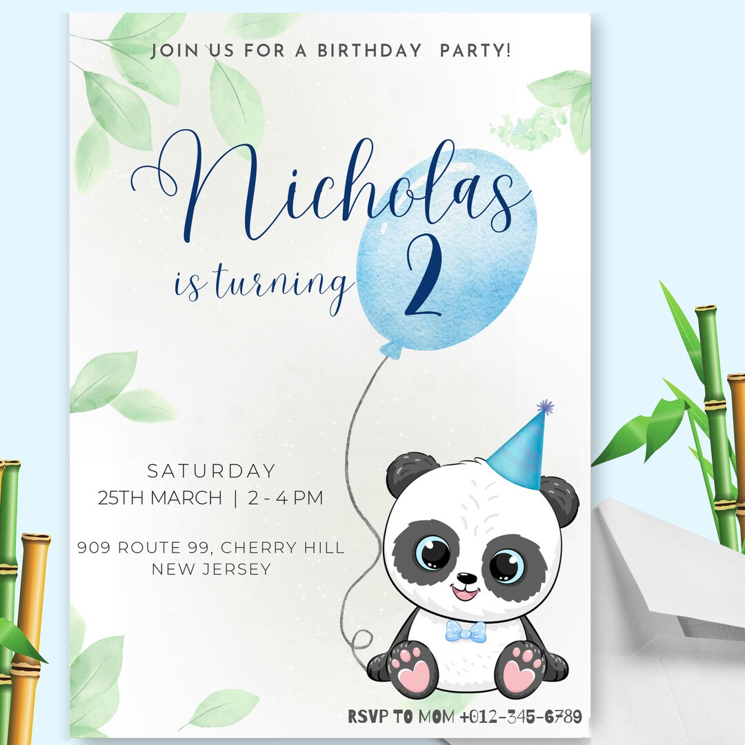 Editable Panda Birthday Invitation, 2 Year Old Birthday Party ...