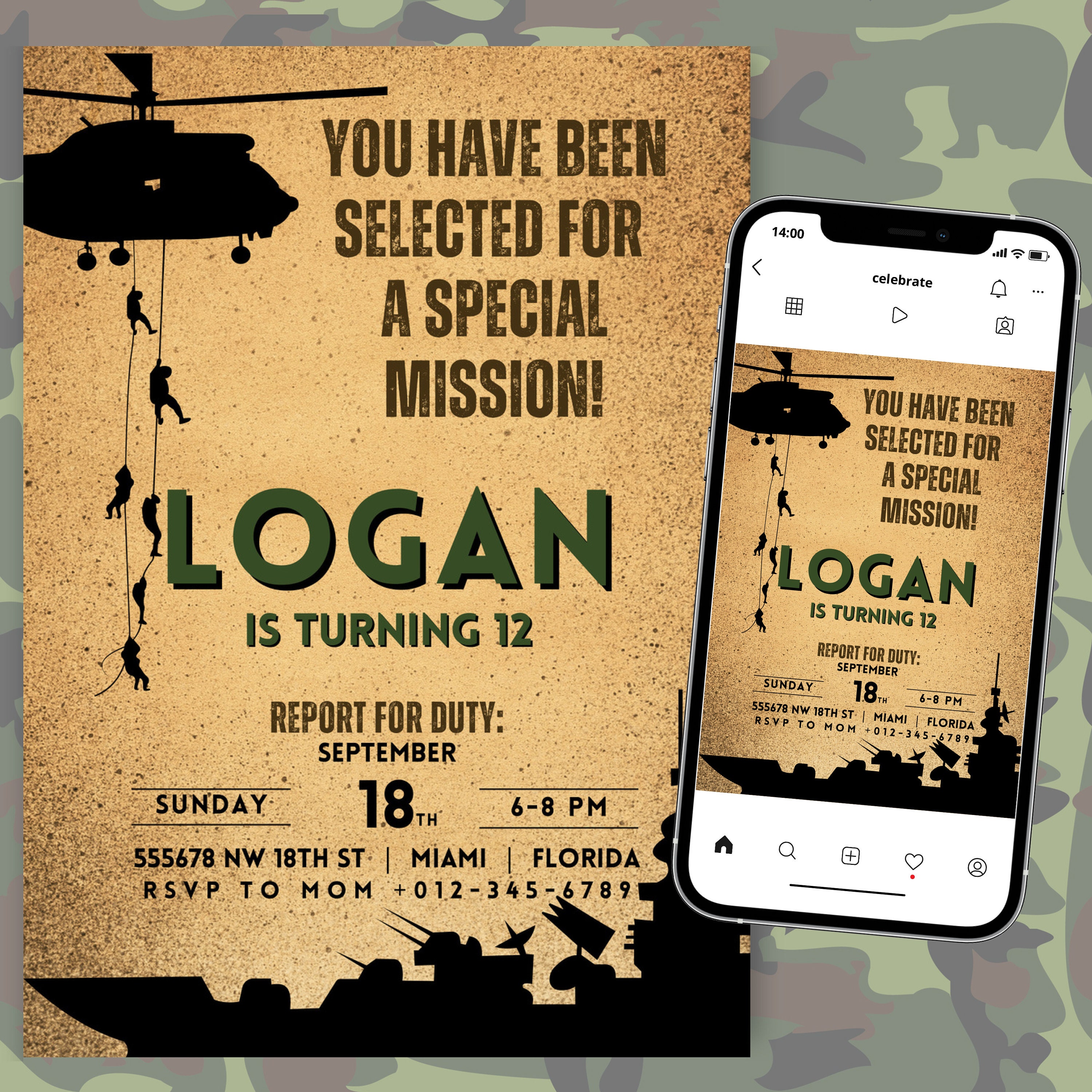 Editable Army Birthday Invitation, Military Birthday Invitation, Army ...