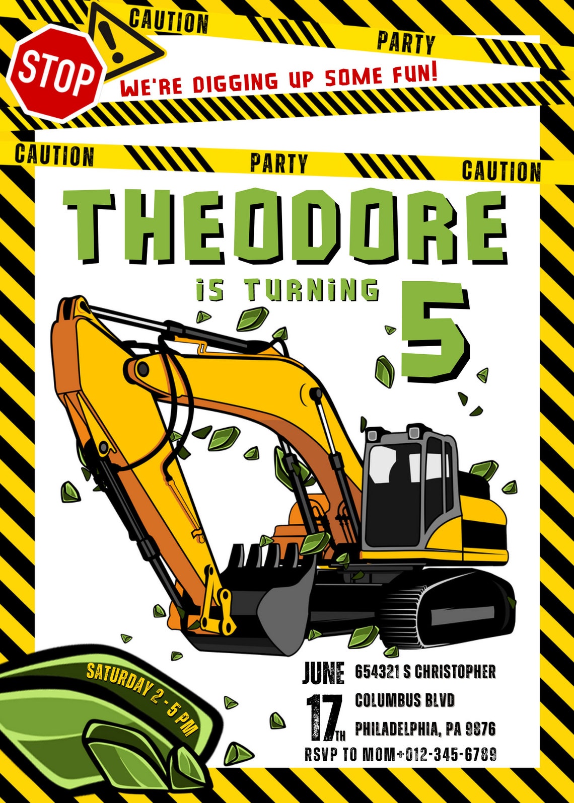 Excavator Digital Birthday Invitation, Construction Theme Birthday ...