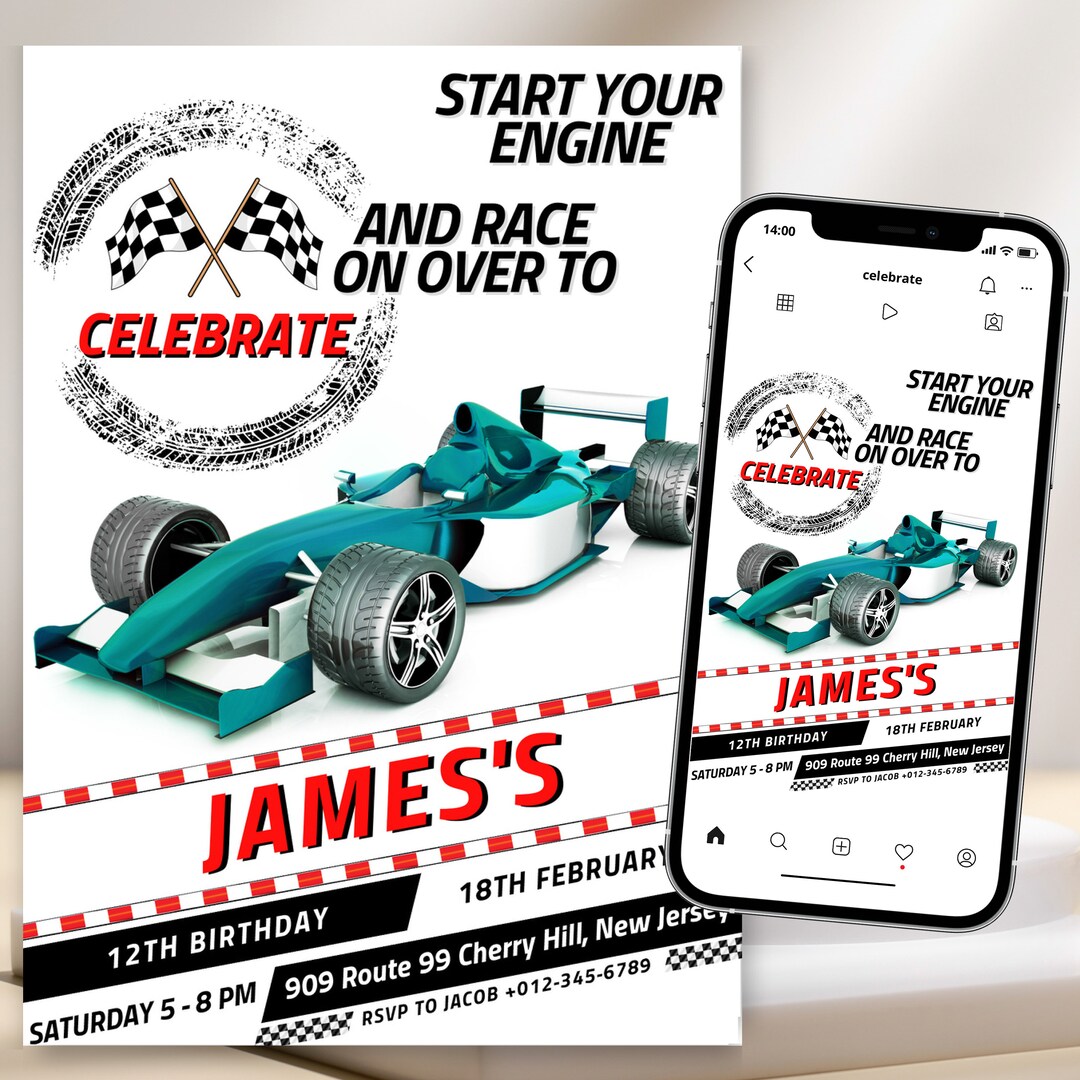 Editable Formula Birthday Invitation, Formula Car Birthday Invitation ...