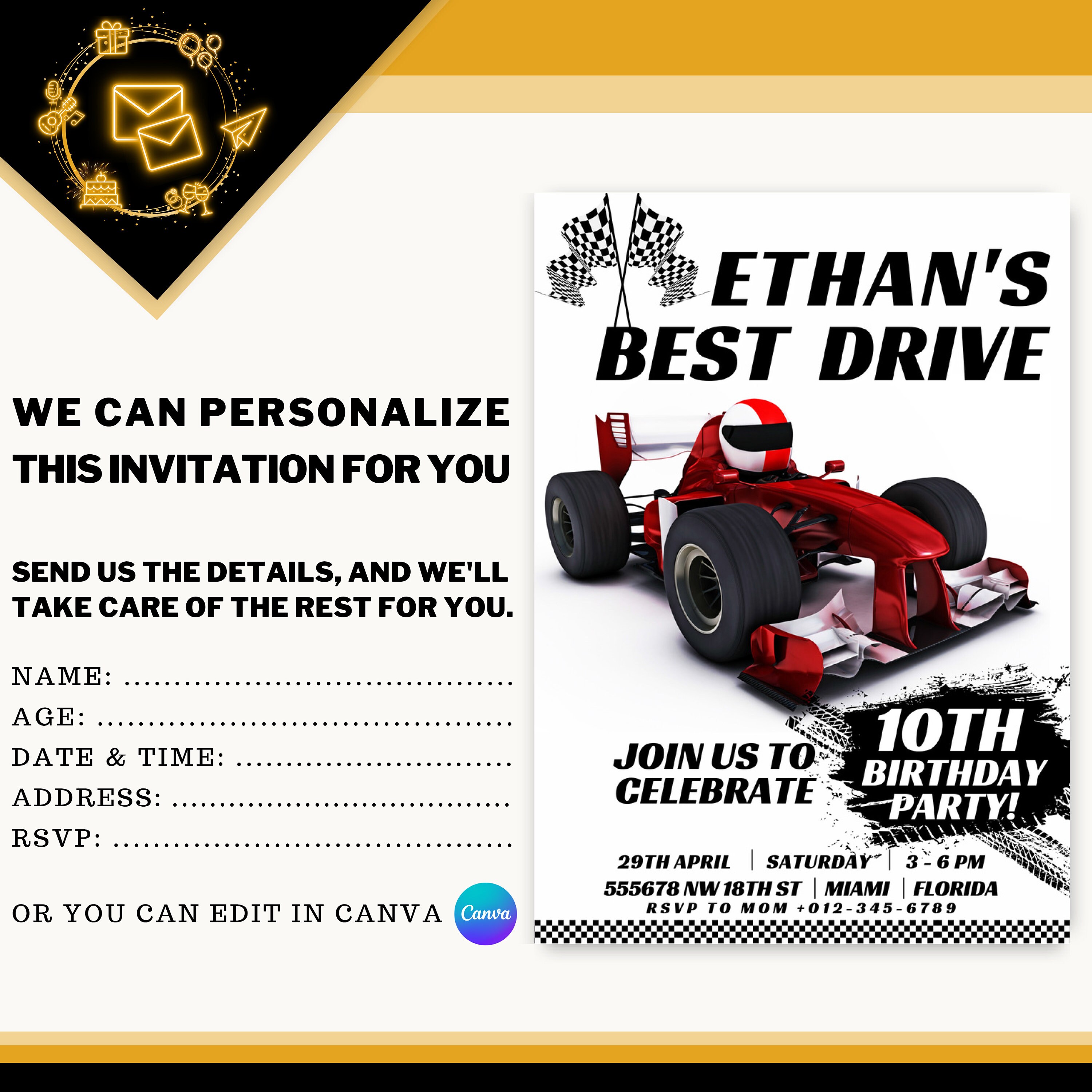 Car Racing Birthday Invite, Formula Birthday Invitation, Red Car ...