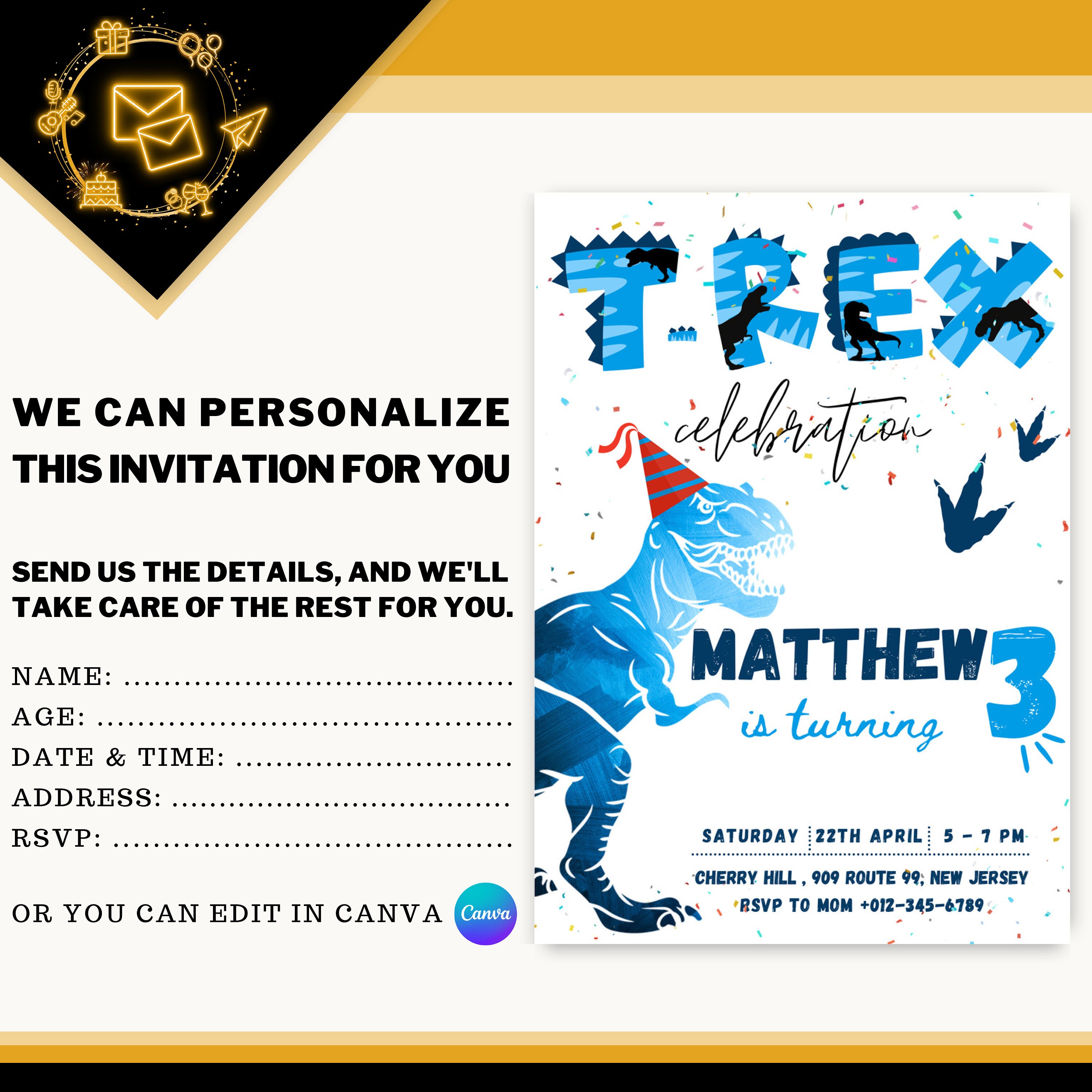Editable Three Rex Birthday Invitation, Dinosaur Birthday Digital ...
