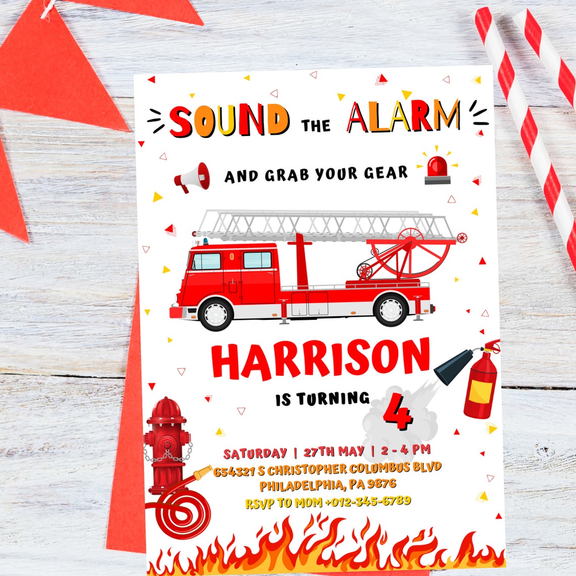 Editable Fire Truck Birthday Invitation, 4 Year Old Birthday Fire Truck ...