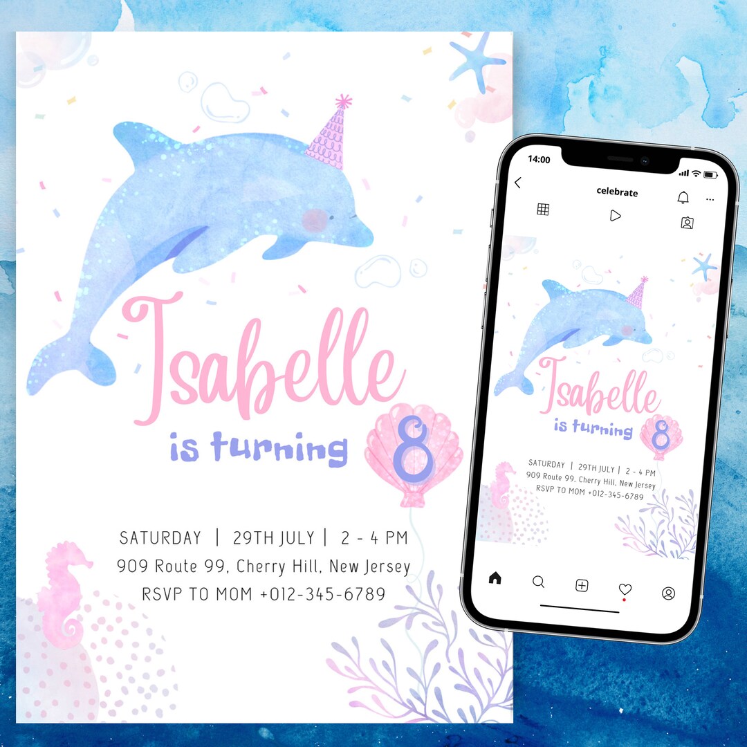 Girl Birthday Party Invitation, Girl Special Day Invite, Dolphin Party ...