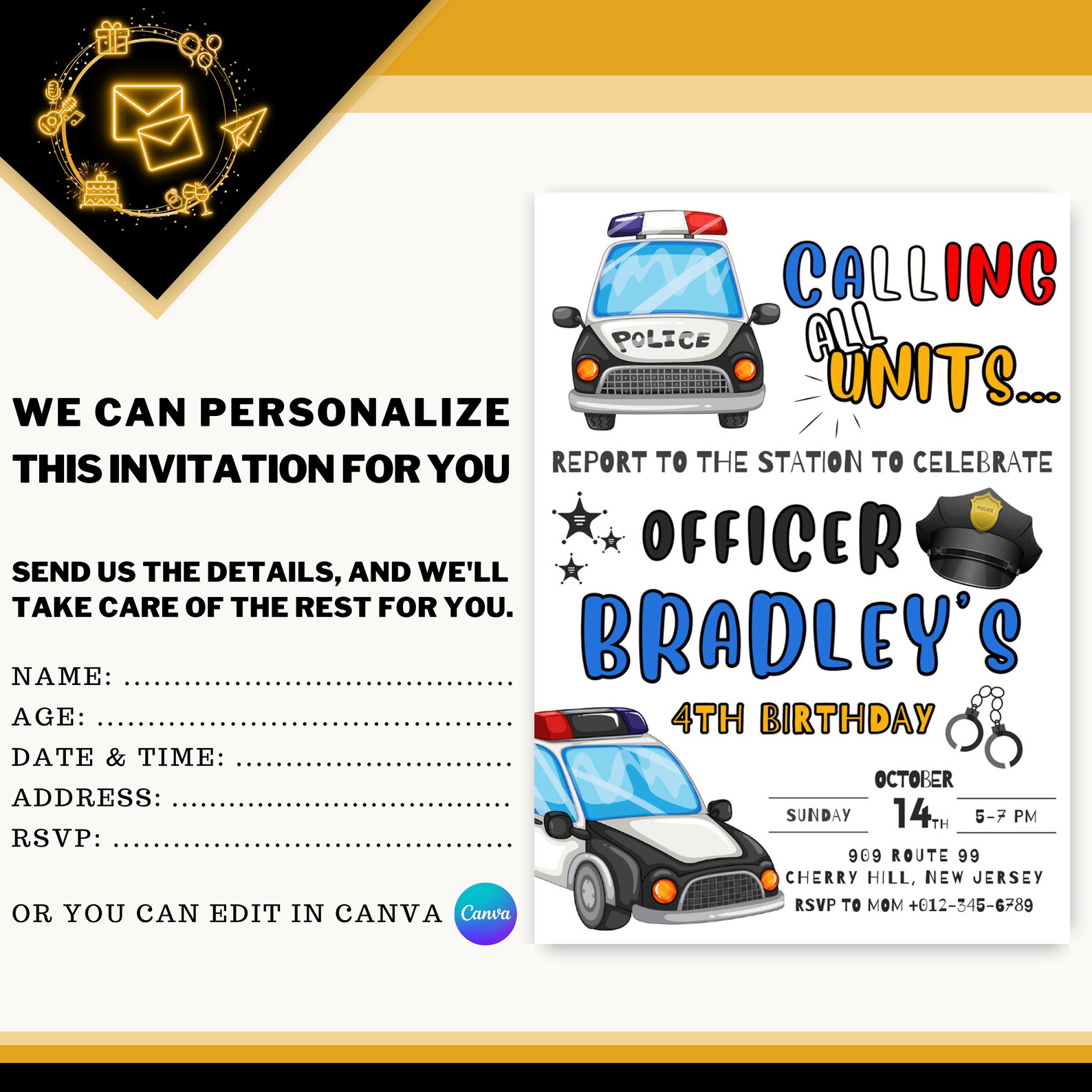 Editable Police Invitation, Police Car Birthday Invitation, Police ...