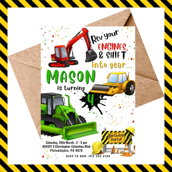 Construction 4 Year Old Birthday Invitation - Etsy Australia