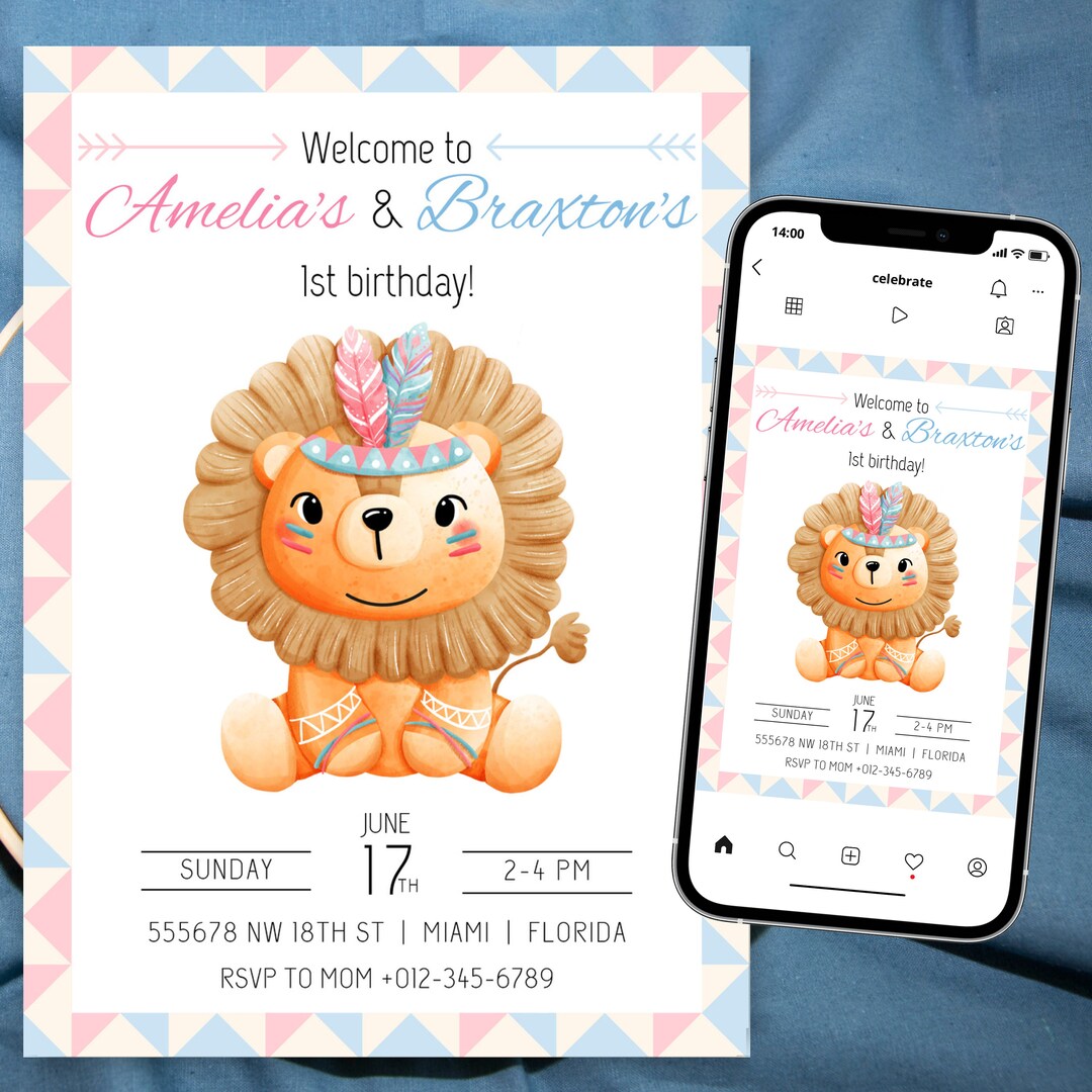 Editable Lion Birthday Invitation, Adorable Lion 1st Birthday ...