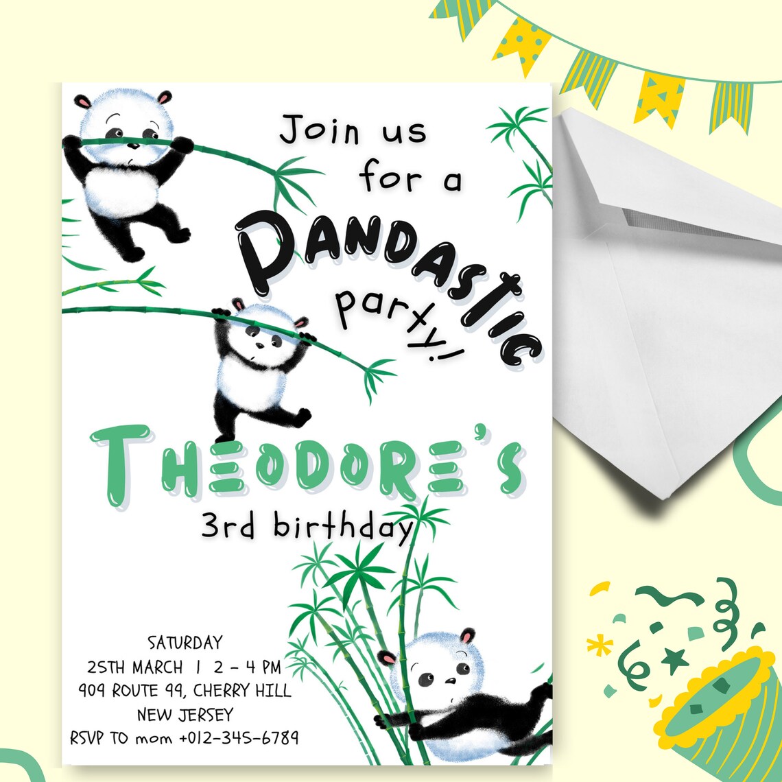 Panda Birthday Invitation, Panda Party Digital Invite, 3 Year Old ...