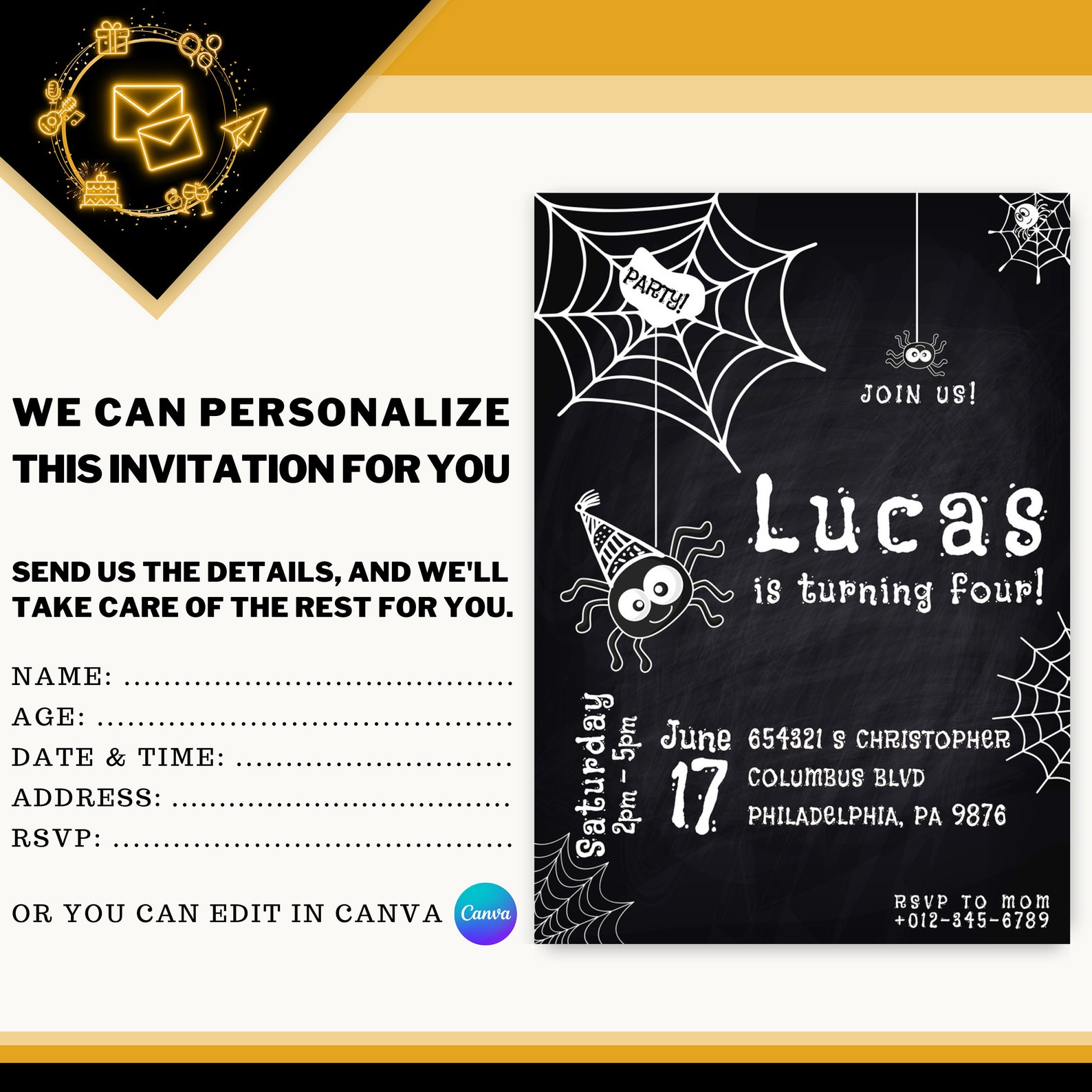Printable Spider Birthday Invitation, Cute Spider Birthday Invite ...