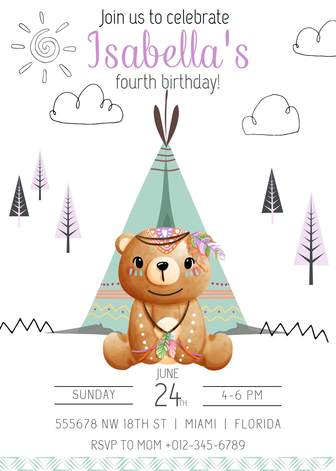 Magical Bear Birthday Invitation for Your Little Girl, Cute Bear ...