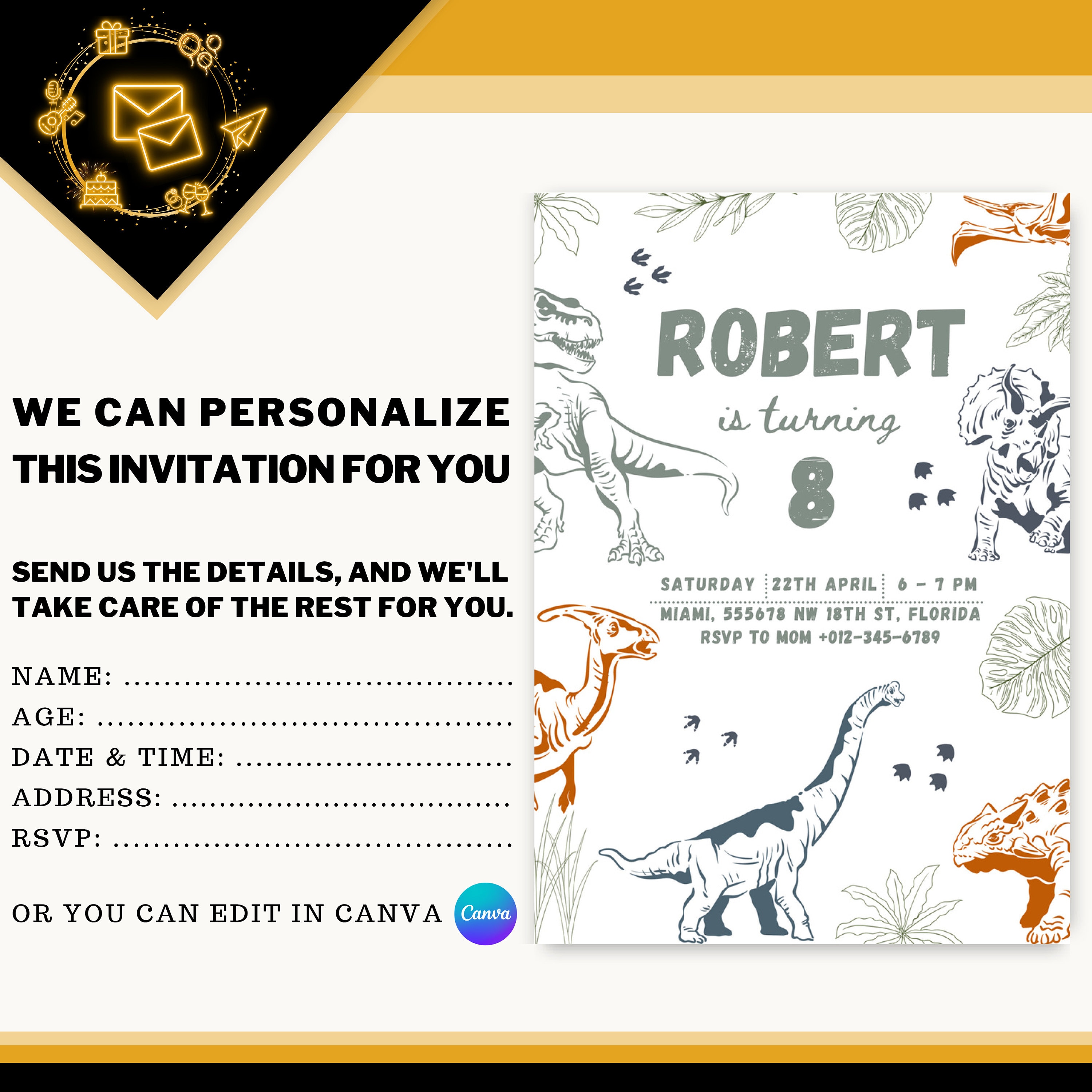 Editable Dinosaur Birthday Invitation, 8 Year Old Birthday Party ...