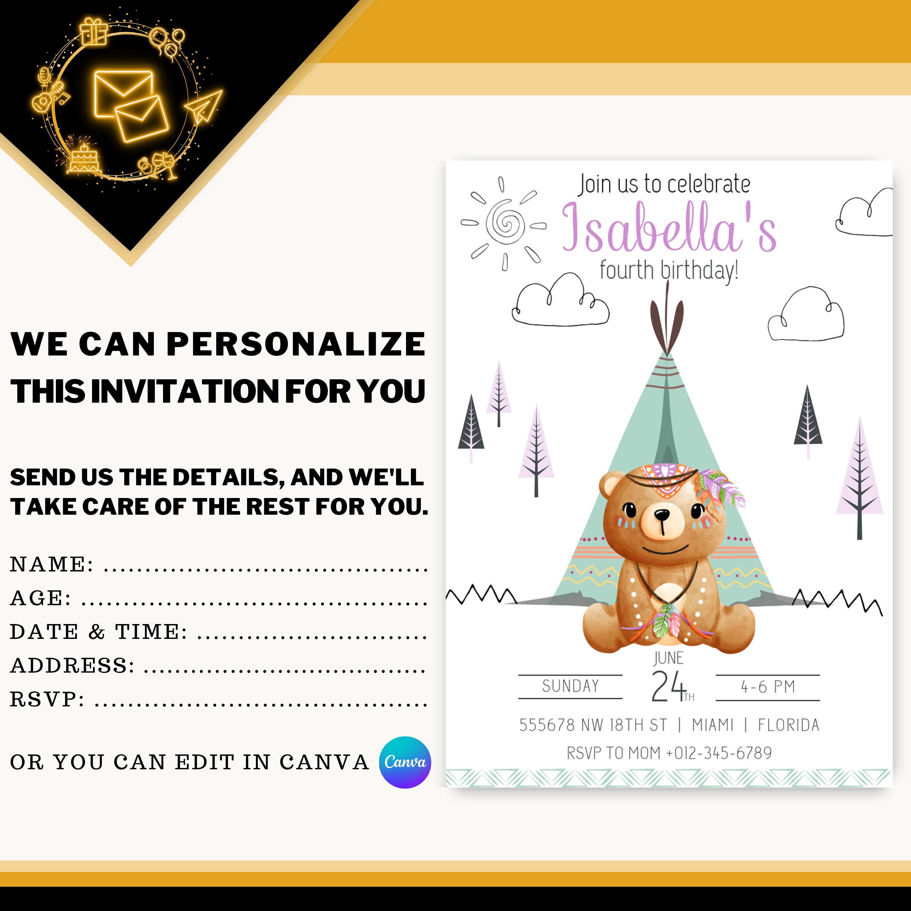 Magical Bear Birthday Invitation for Your Little Girl, Cute Bear ...