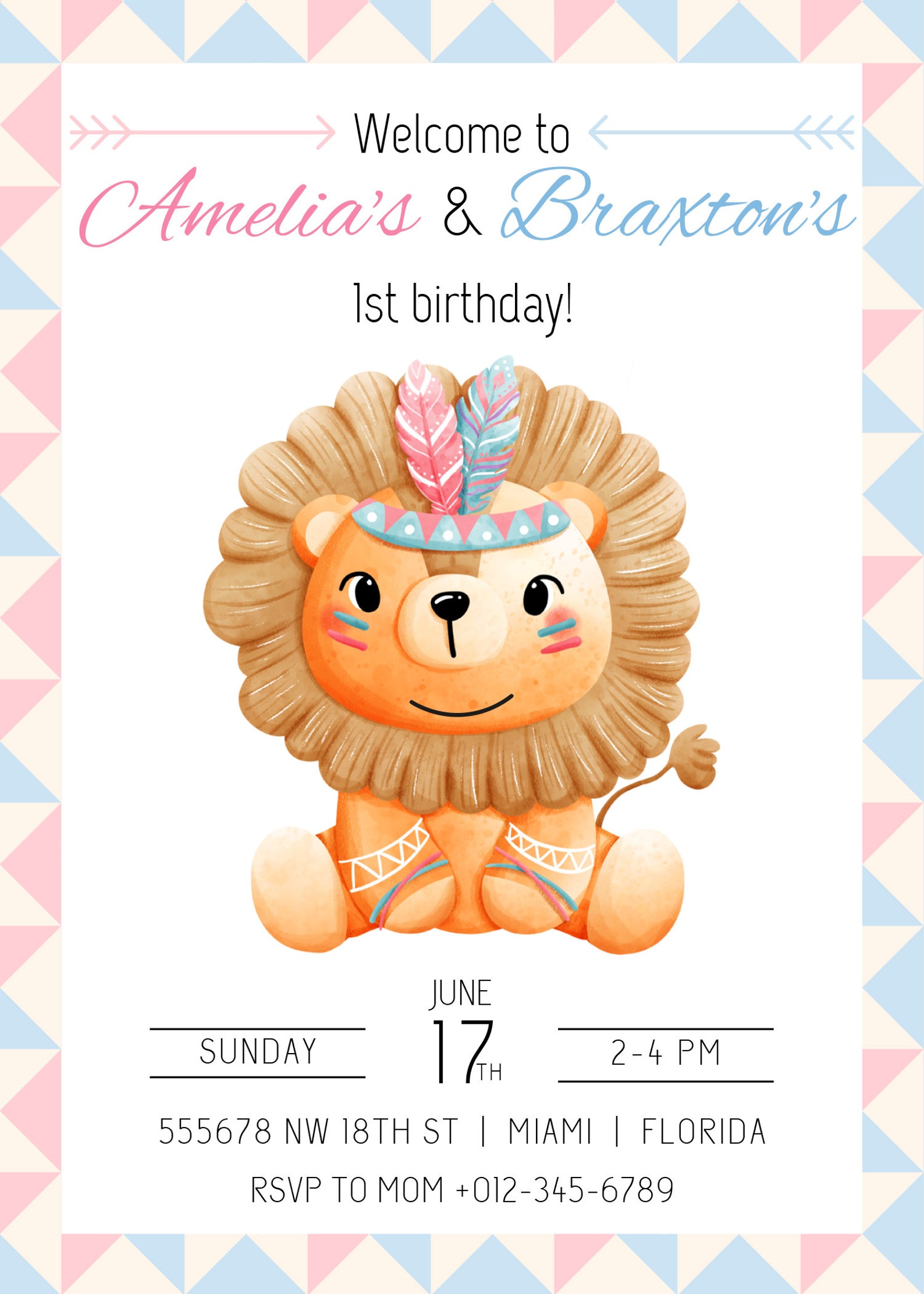 Editable Lion Birthday Invitation, Adorable Lion 1st Birthday ...