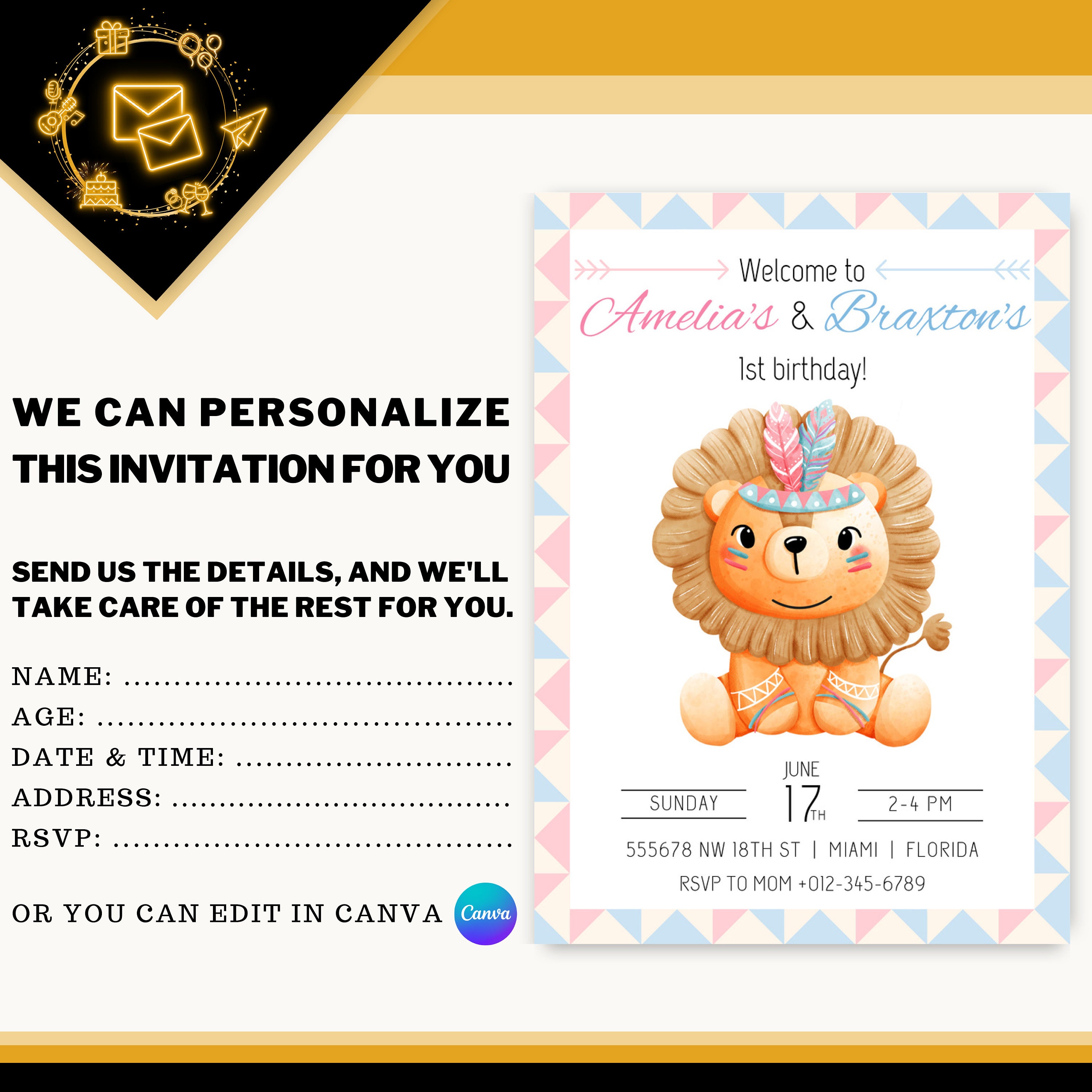 Editable Lion Birthday Invitation, Adorable Lion 1st Birthday ...