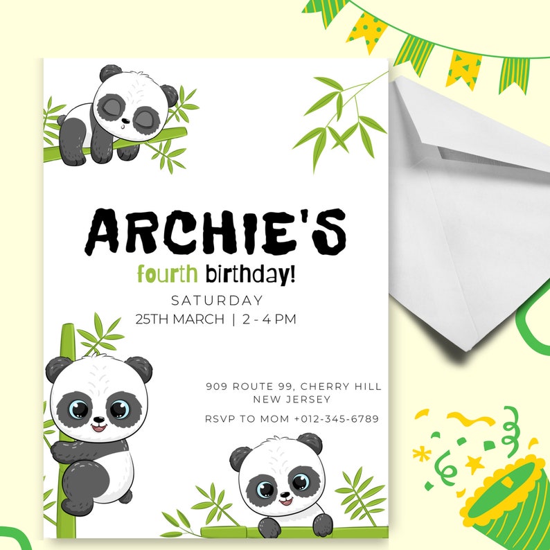Editable Panda Birthday Party Invite, Panda Birthday Invitation, Pandas ...