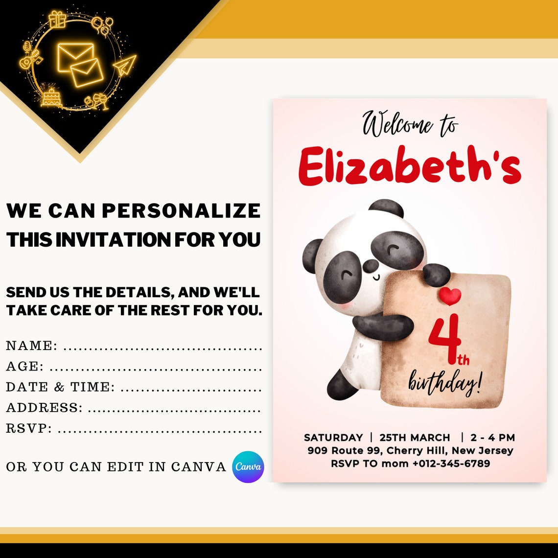 Editable Panda Birthday Invitation, Cute Panda Party Invite, Magic ...