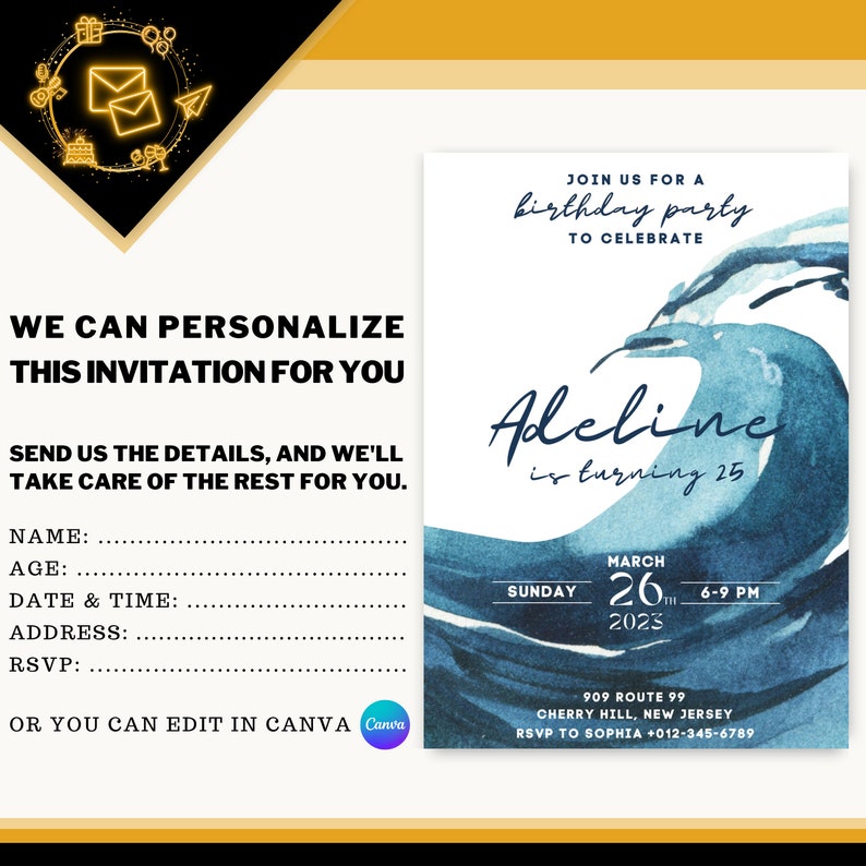 Ocean Birthday Party Invitation, Sea Wave Party Invite, Editable ...