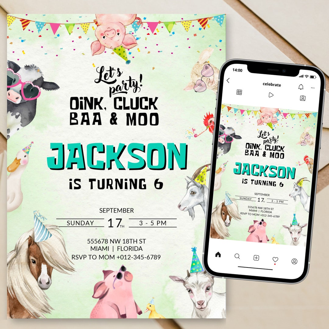 Editable Party Animals Birthday Invitation, Editable Farm Animals ...
