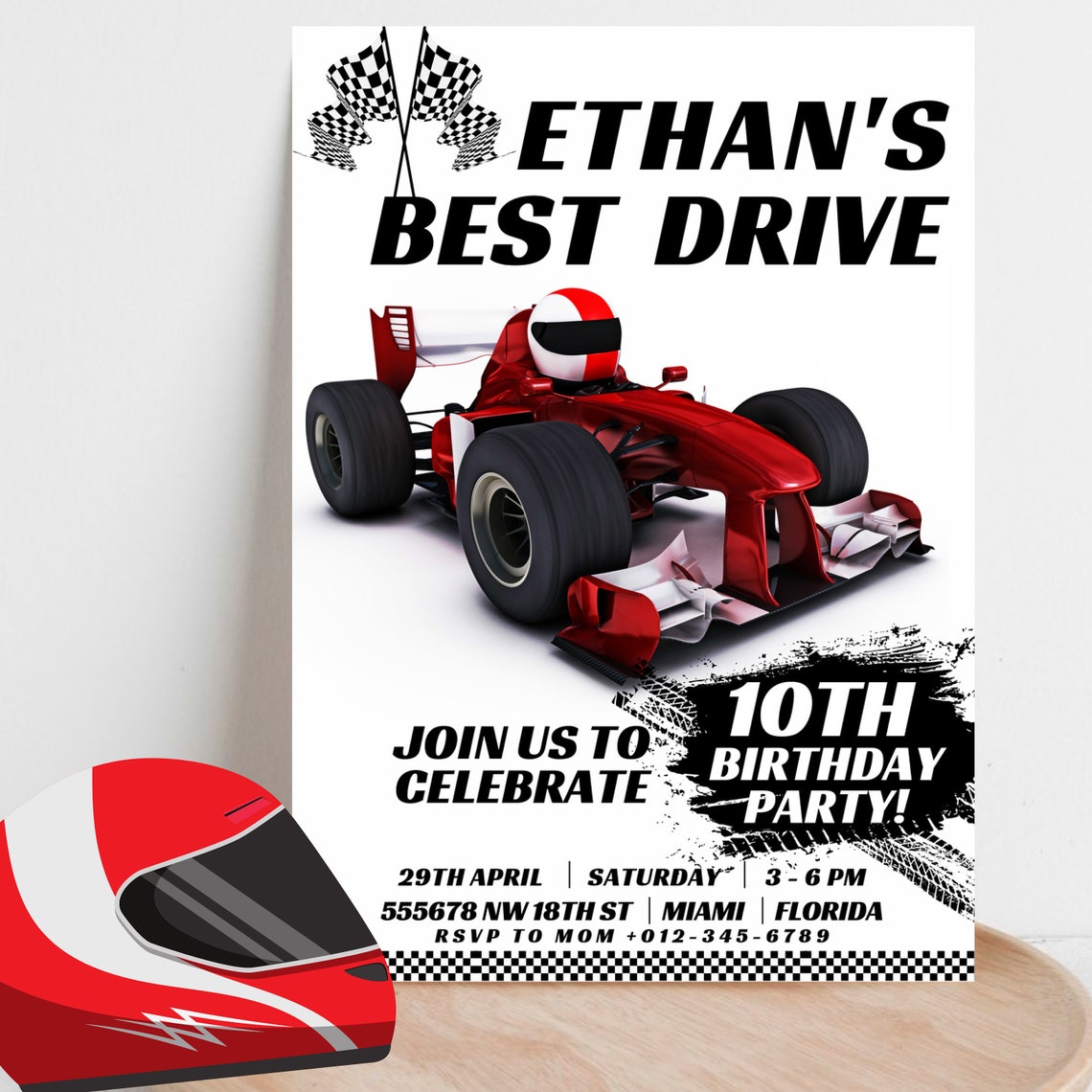 Car Racing Birthday Invite, Formula Birthday Invitation, Red Car ...