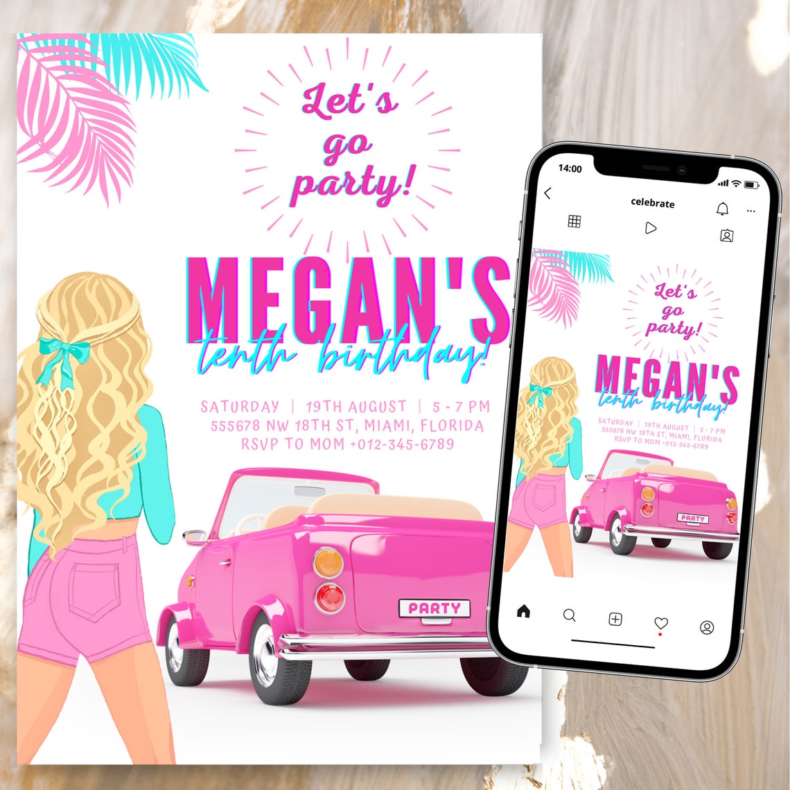 Editable Girl Birthday Party Invitation, Girl Car Invitation, Pink ...