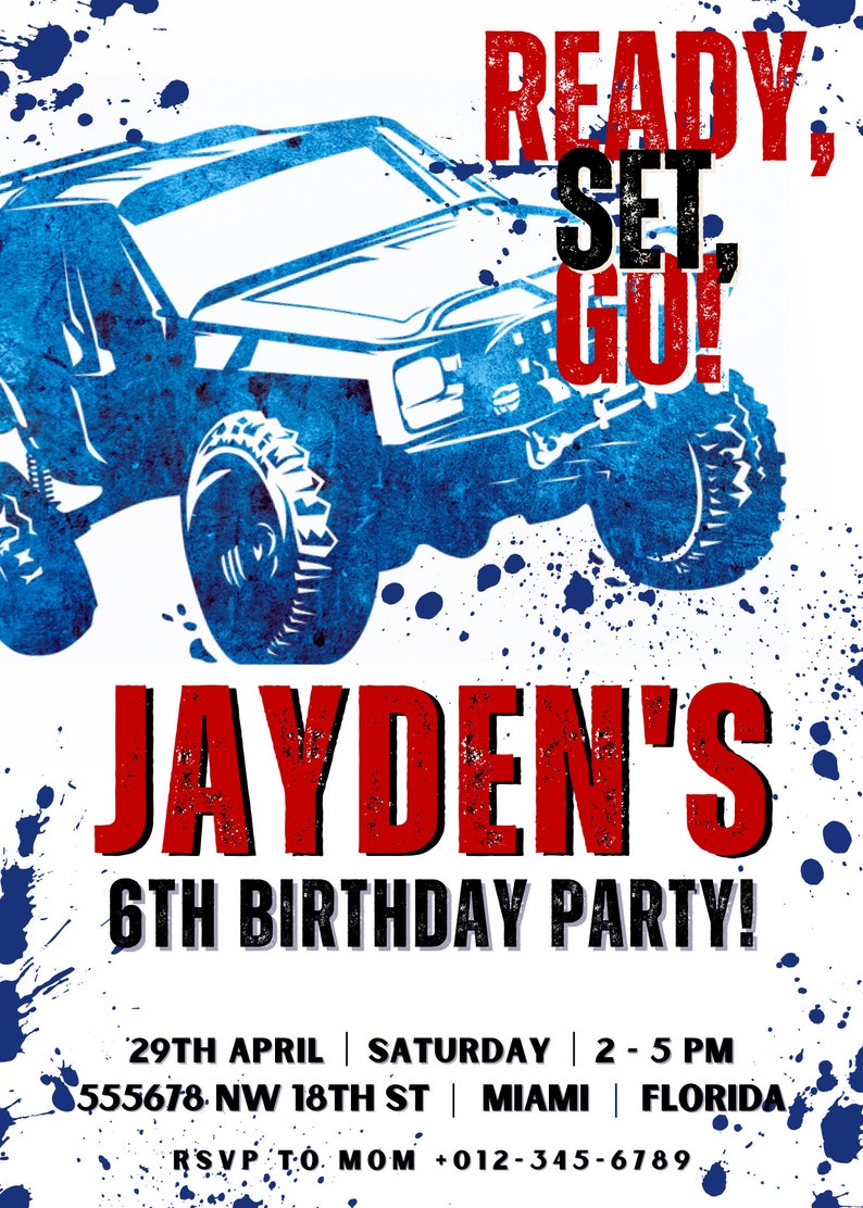 Car Racing Birthday Invitation, Blue Jeep Birthday Invitation, 6th ...