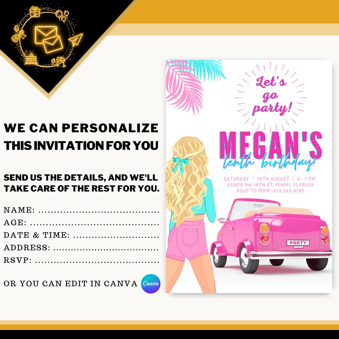 Editable Girl Birthday Party Invitation, Girl Car Invitation, Pink ...