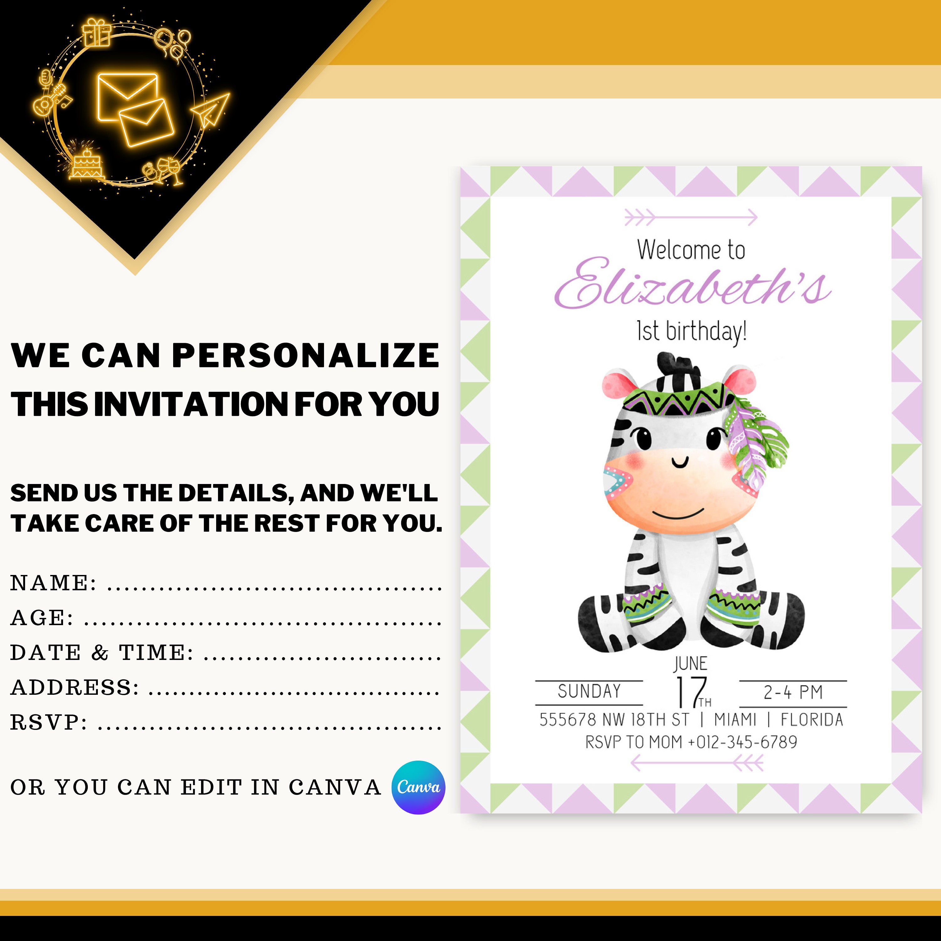 Editable Zebra Birthday Party Invitation, Zebra Kids Party Birthday ...